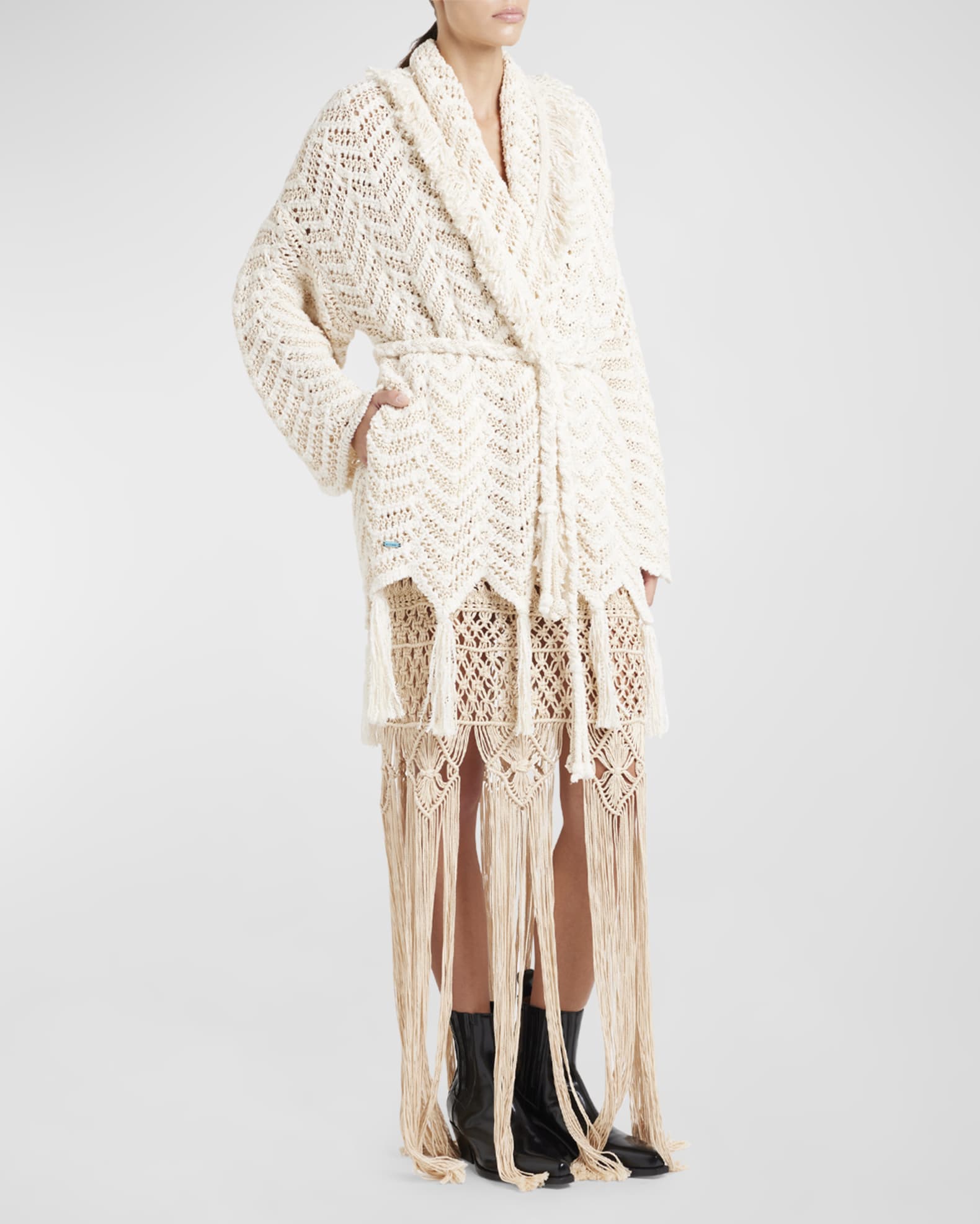 Alanui Natural Chevron Belted Cardigan with Fringe | Neiman Marcus