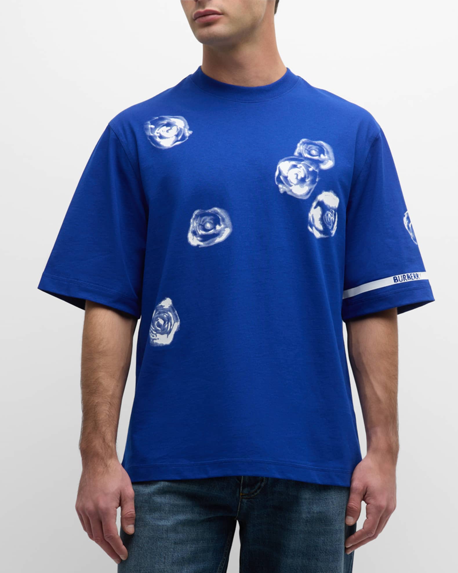 Burberry Men's Rose-Print T-Shirt with Logo Cuff | Neiman Marcus