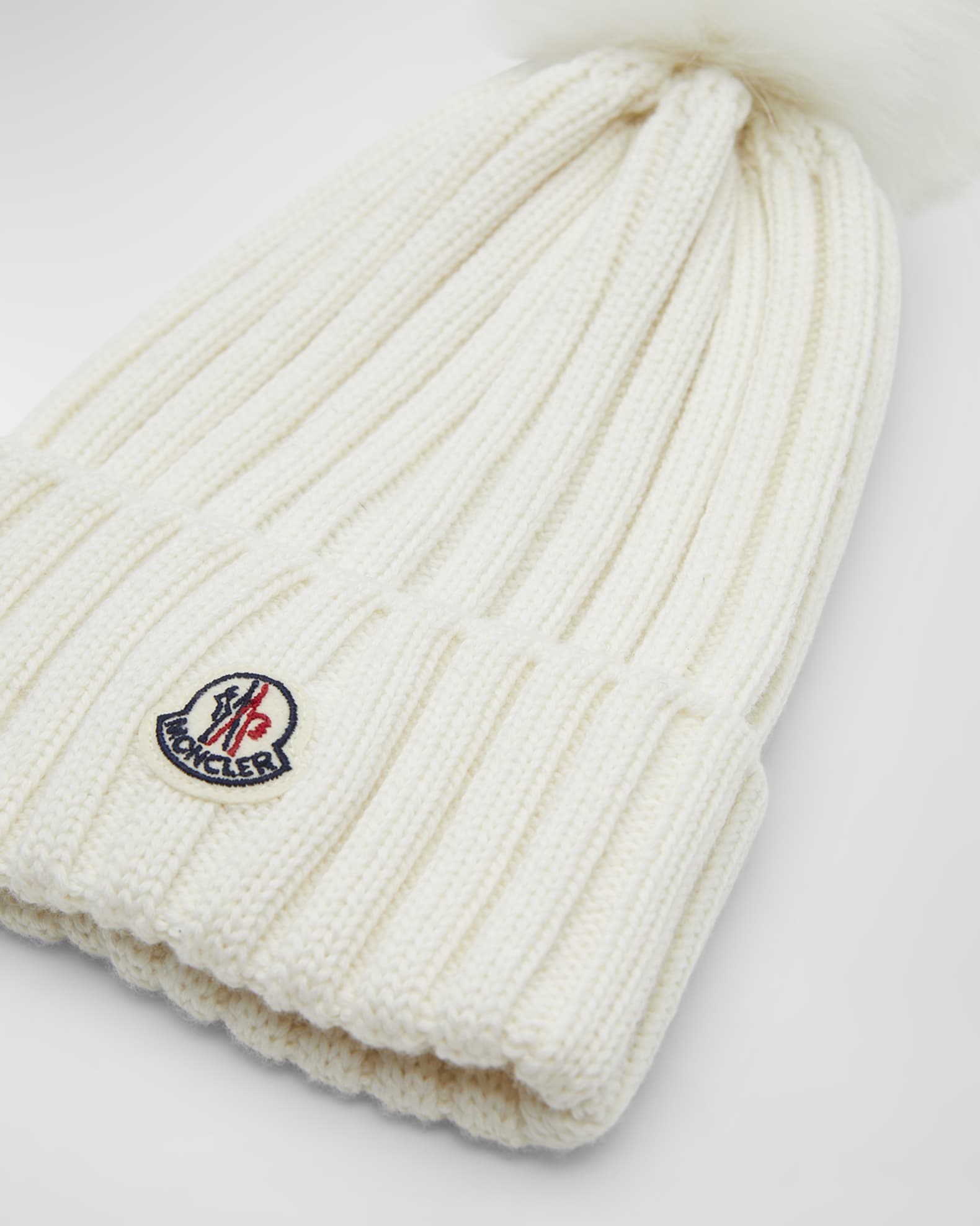 Moncler Ribbed Wool Beanie with Faux Fur Pom | Neiman Marcus