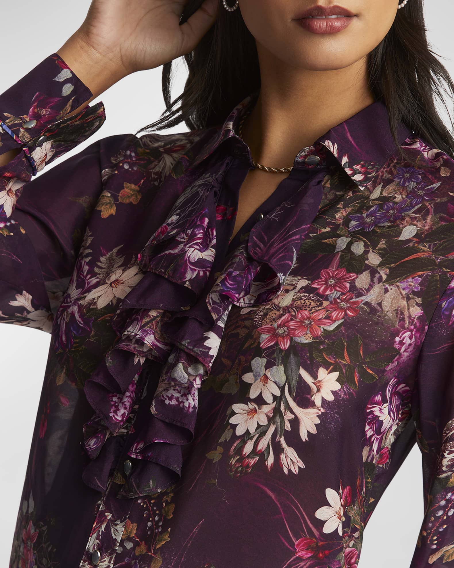 Robert Graham Chrissy Floral-Print Button-Down Ruffle Shirt | Neiman Marcus