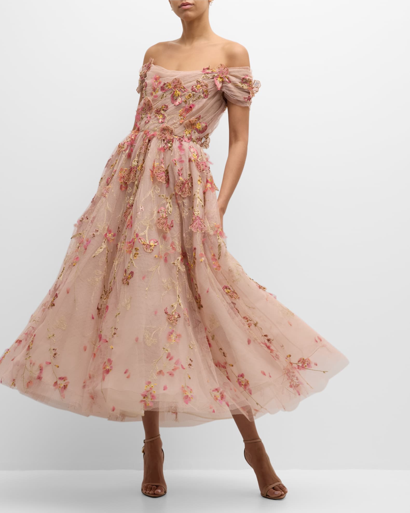 Marchesa Multicolor Floral Embroidered Cocktail Dress with 3D Flower ...