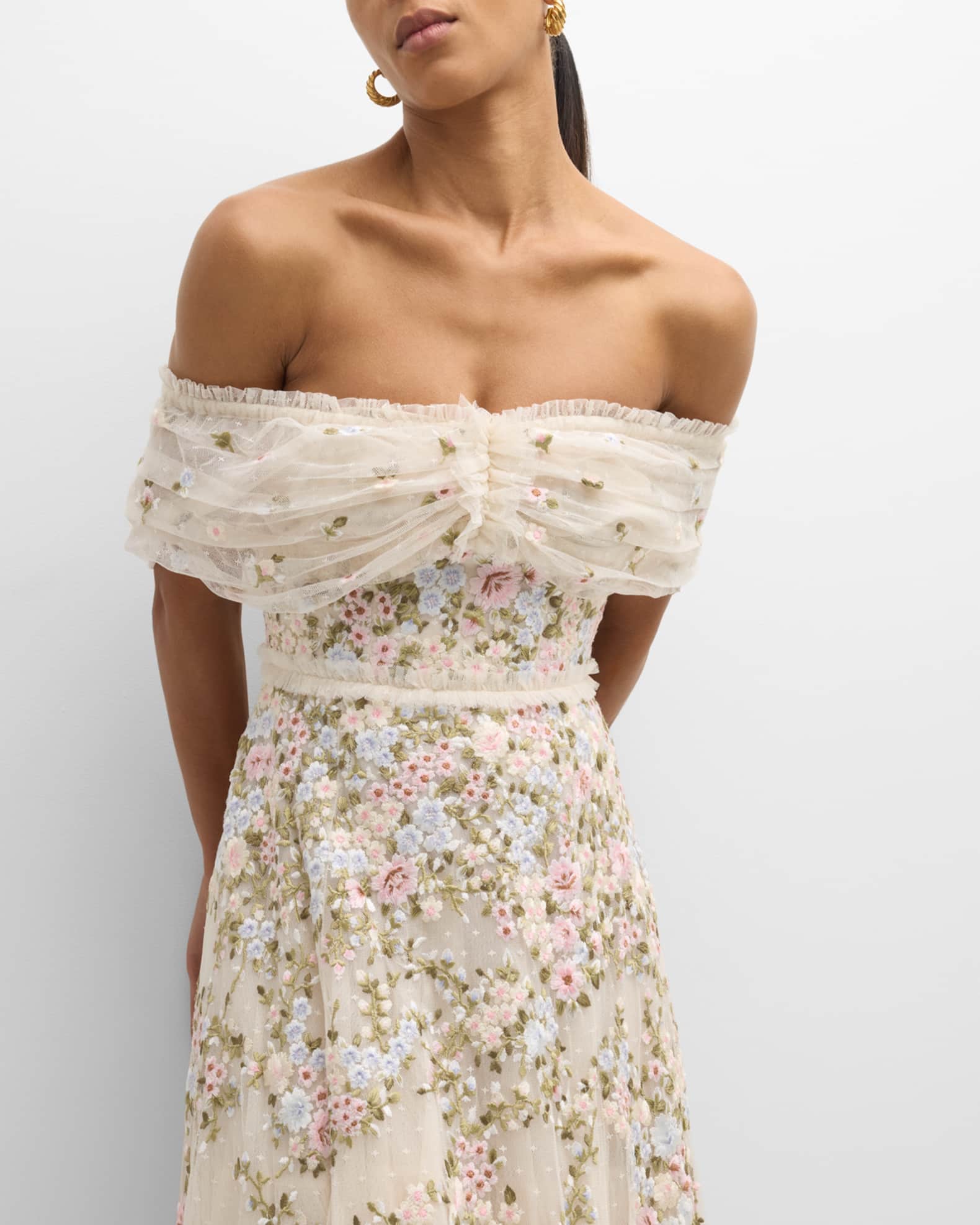 Needle & Thread Lunaria Wreath Floral-Embroidered Tulle Gown | Neiman ...