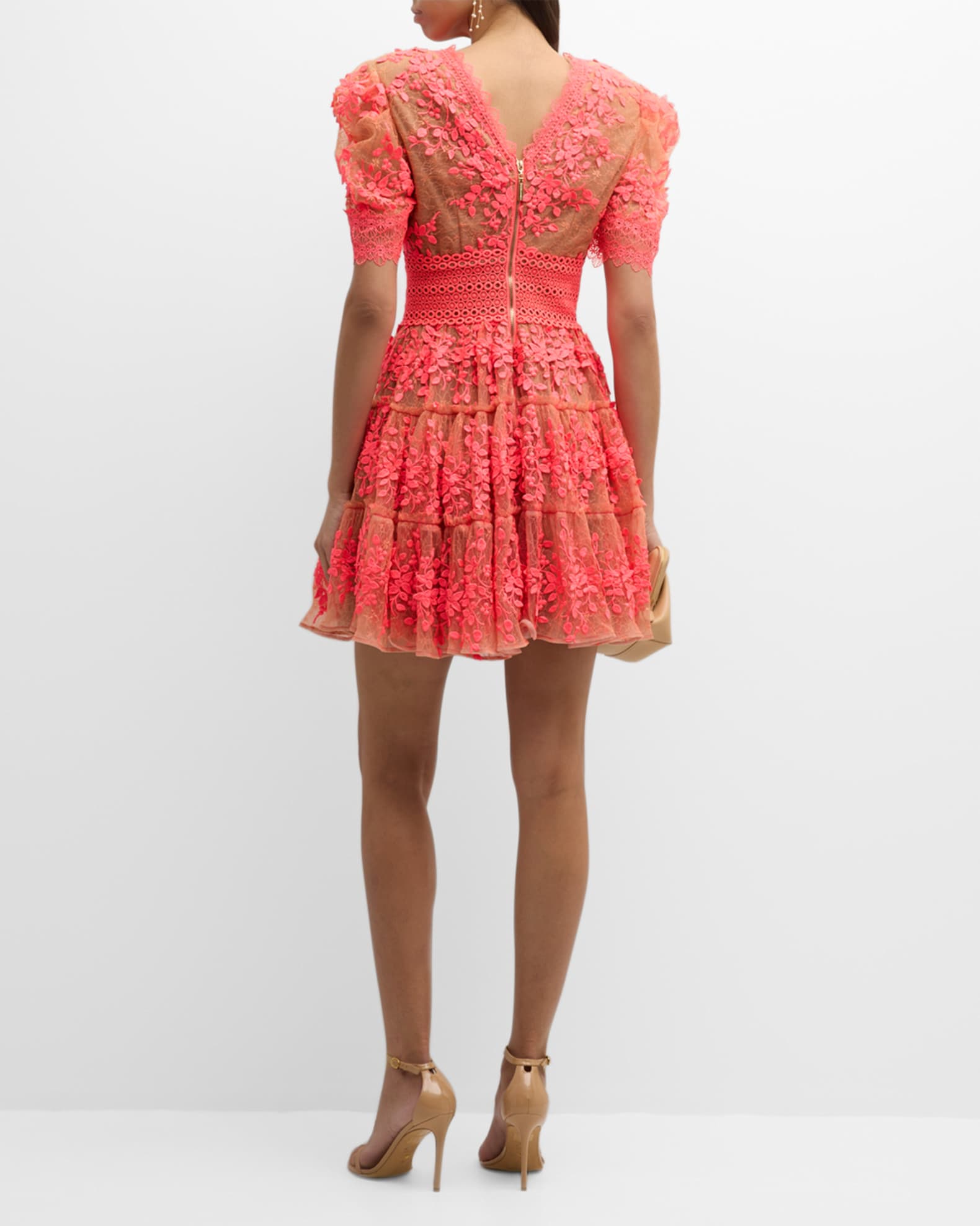 Bronx and Banco Megan Tiered Puff-Sleeve Lace Mini Dress | Neiman Marcus