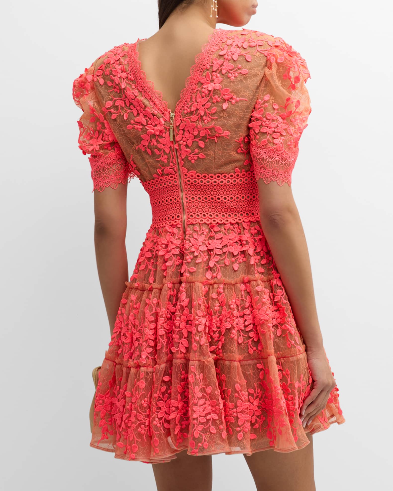Bronx and Banco Megan Tiered Puff-Sleeve Lace Mini Dress | Neiman Marcus
