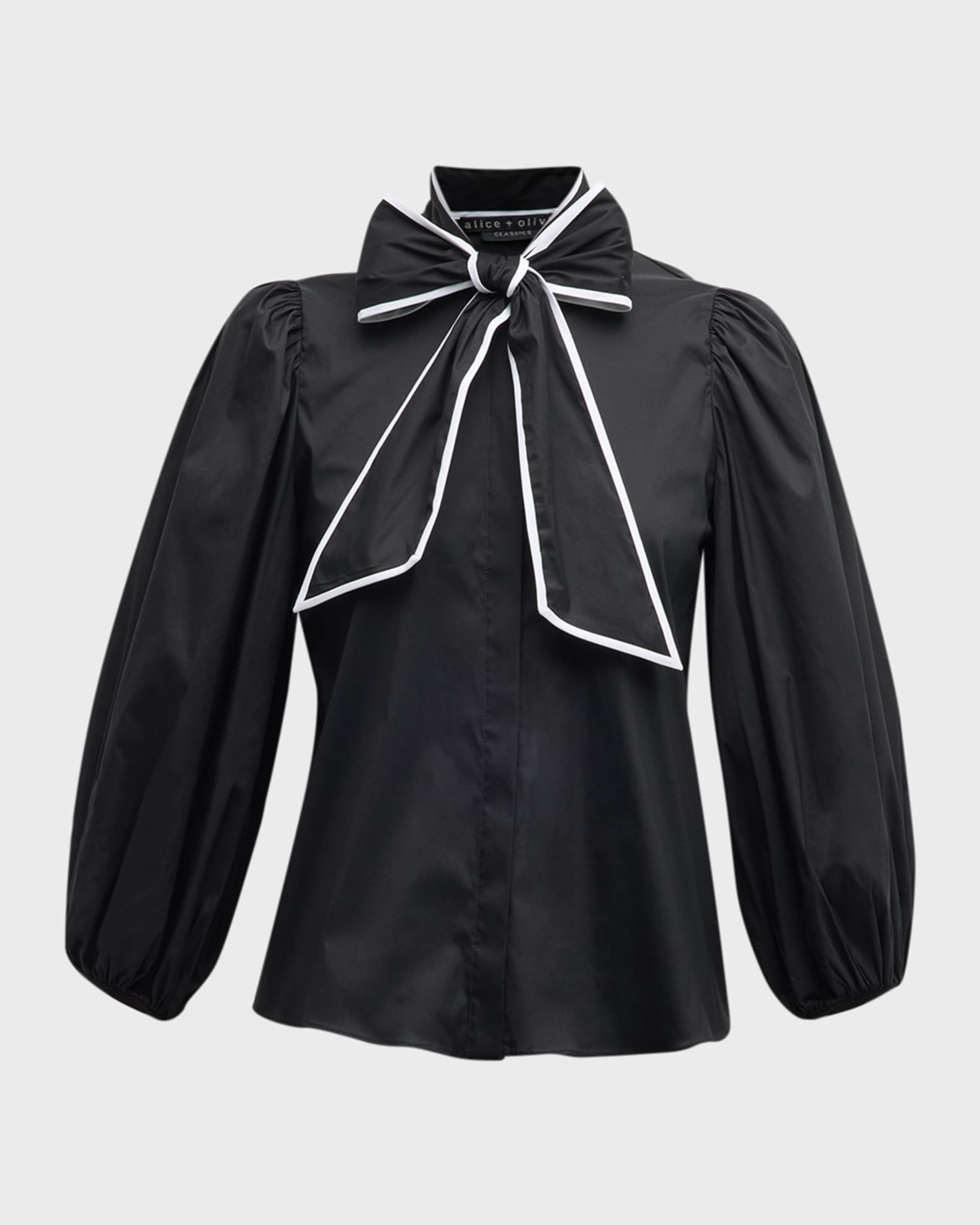 Alice + Olivia Lou Bowtie Button-Front Poplin Blouse | Neiman Marcus