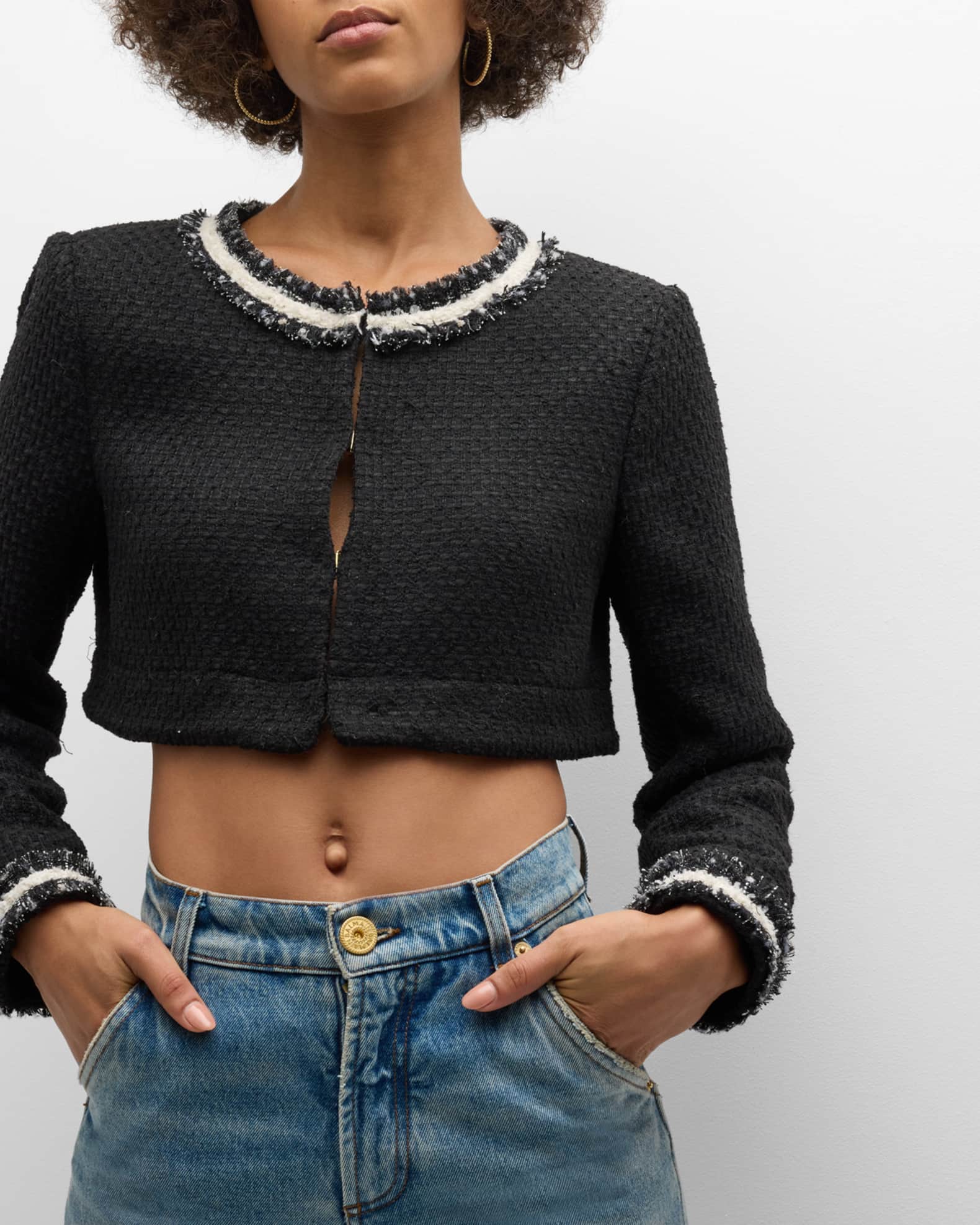 Alice + Olivia Kidman Two Fer Boxy Raw-Edge Tweed Jacket | Neiman Marcus