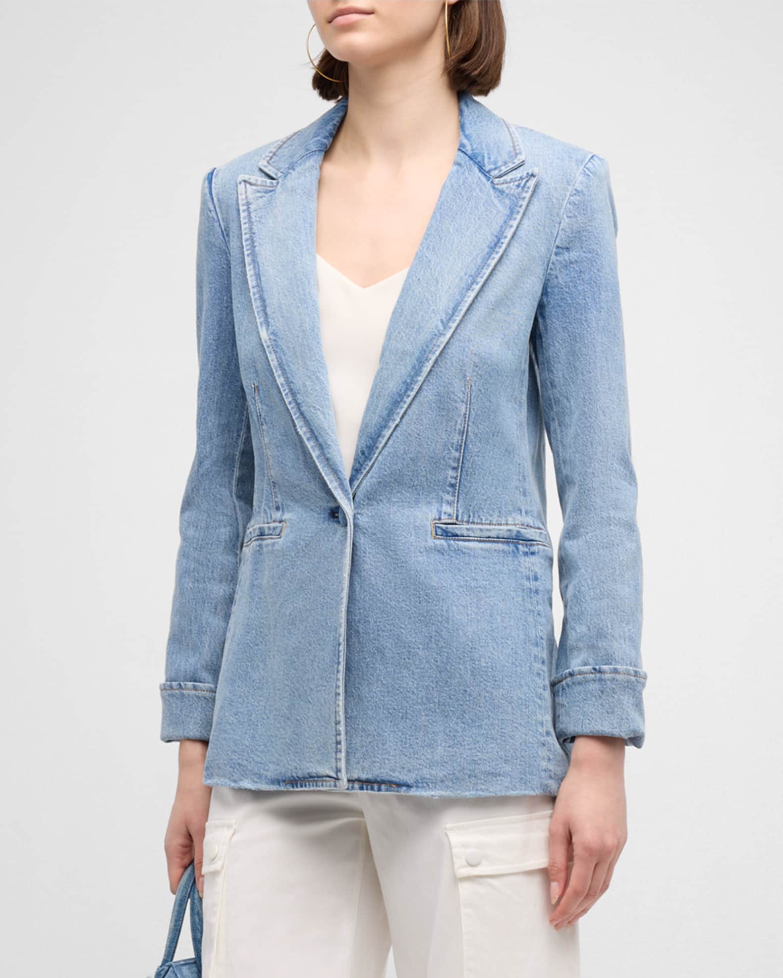 Alice + Olivia Justine Denim Roll-Cuff Longline Blazer | Neiman Marcus