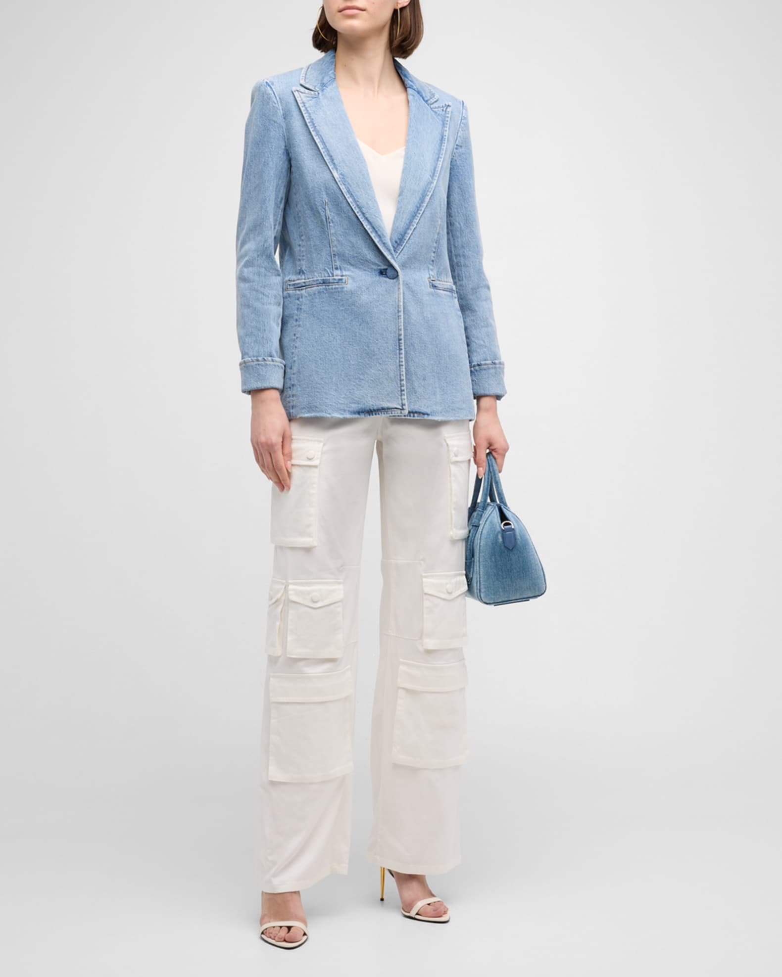 Alice + Olivia Justine Denim Roll-Cuff Longline Blazer | Neiman Marcus