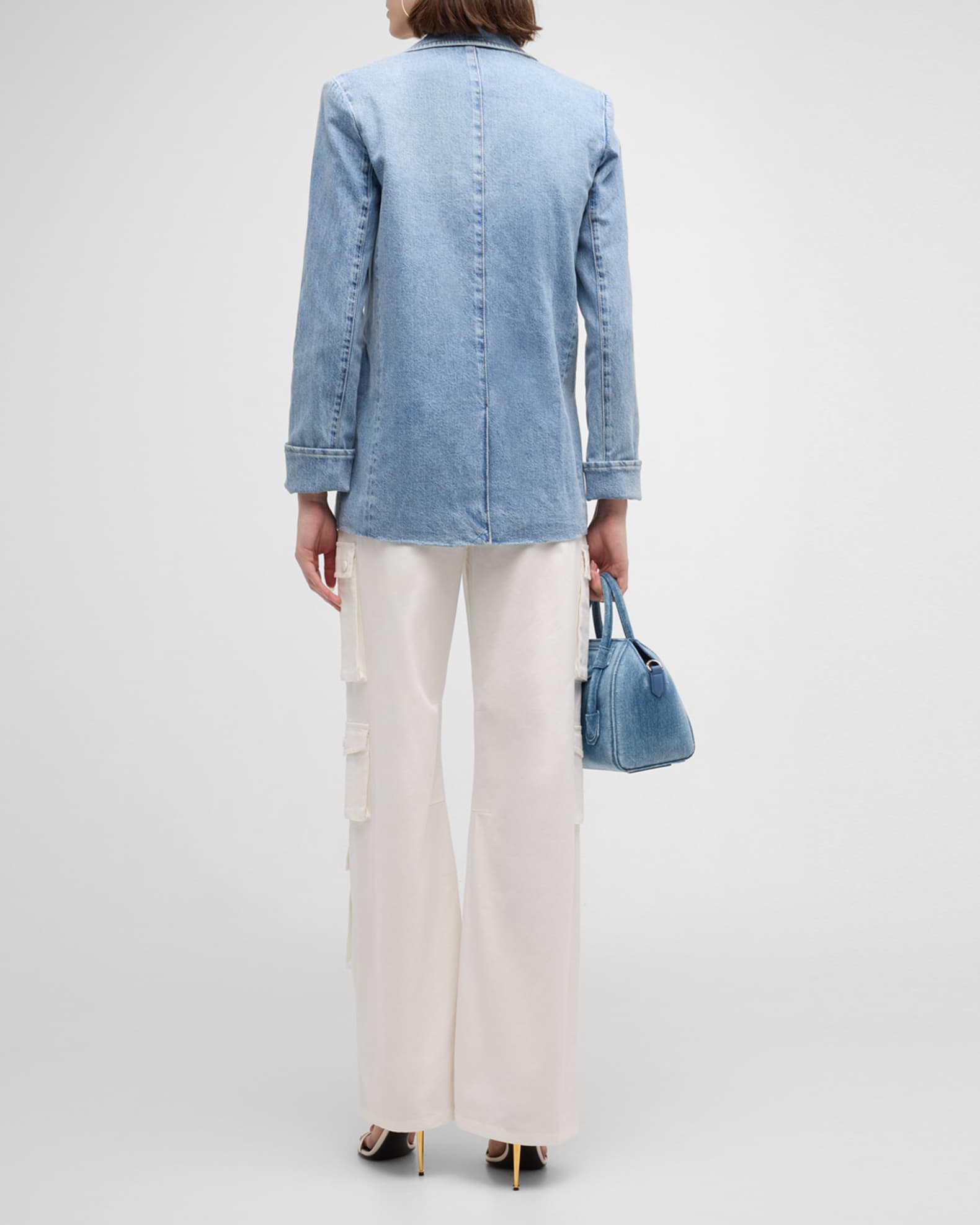 Alice + Olivia Justine Denim Roll-Cuff Longline Blazer | Neiman Marcus