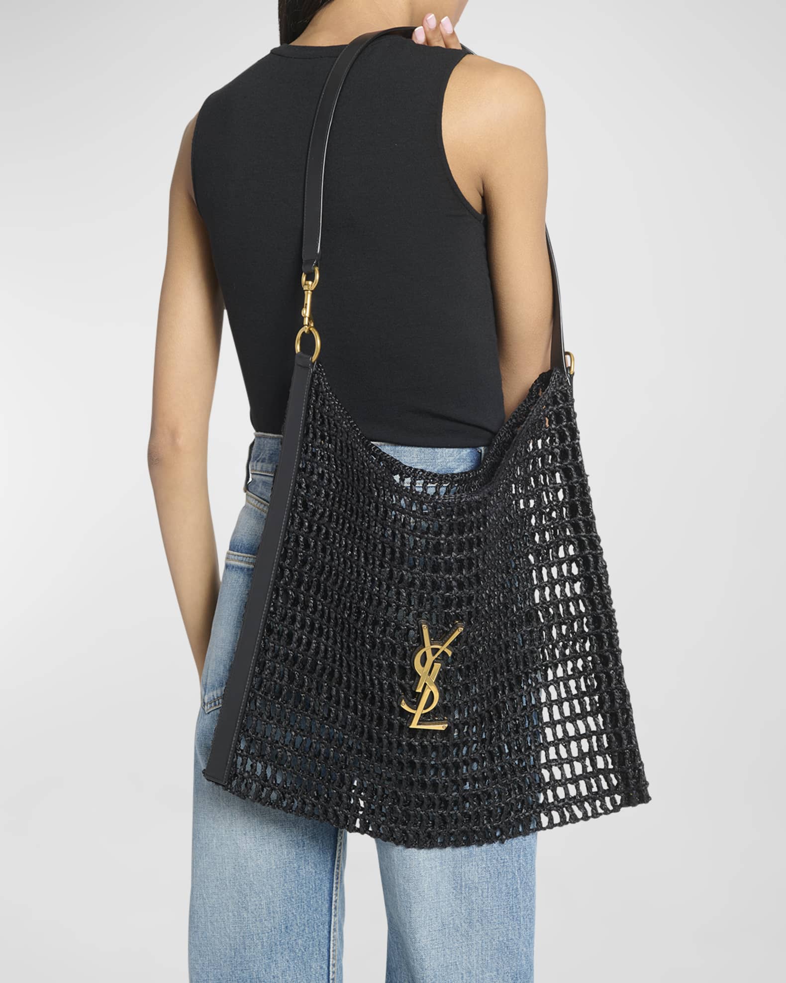 Saint Laurent Oxalis YSL Monogram Shoulder Bag in Raffia with Bronze ...