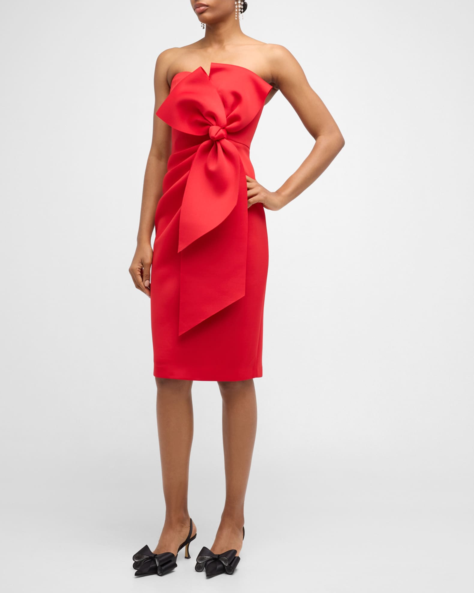 Badgley Mischka Collection Strapless Bow-Front Bodycon Midi Dress ...