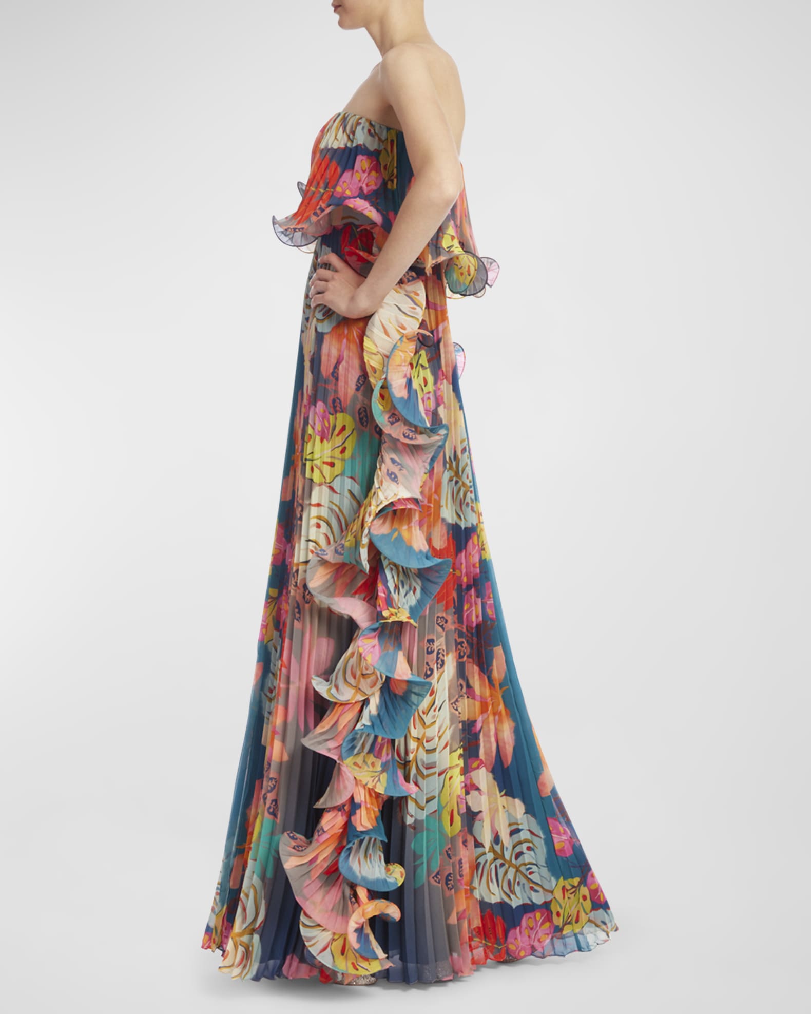 Badgley Mischka Collection Pleated Strapless Floral-Print Ruffle Gown ...