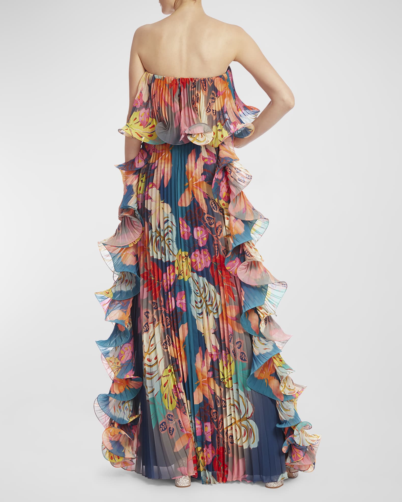 Badgley Mischka Collection Pleated Strapless Floral-Print Ruffle Gown ...