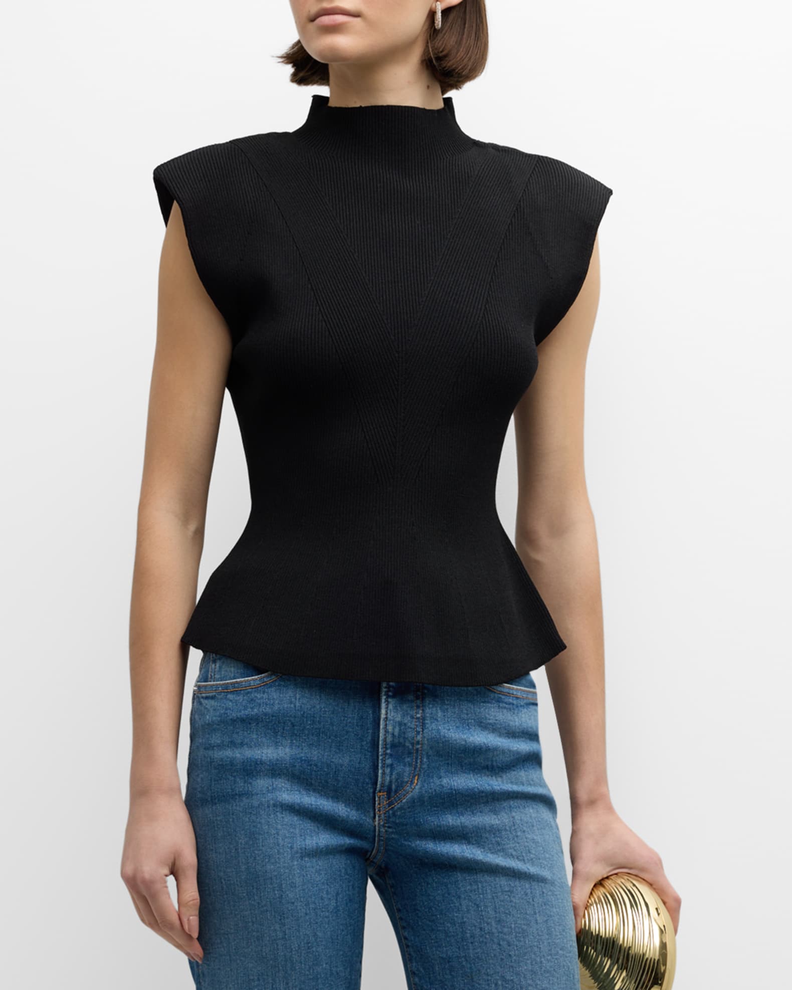 Veronica Beard Cio Ribbed Mock-Neck Top | Neiman Marcus