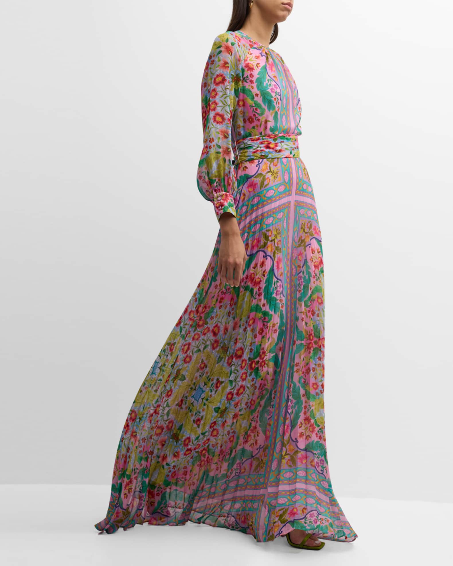 Rickie Freeman for Teri Jon Pleated Floral-Print Chiffon Gown | Neiman ...