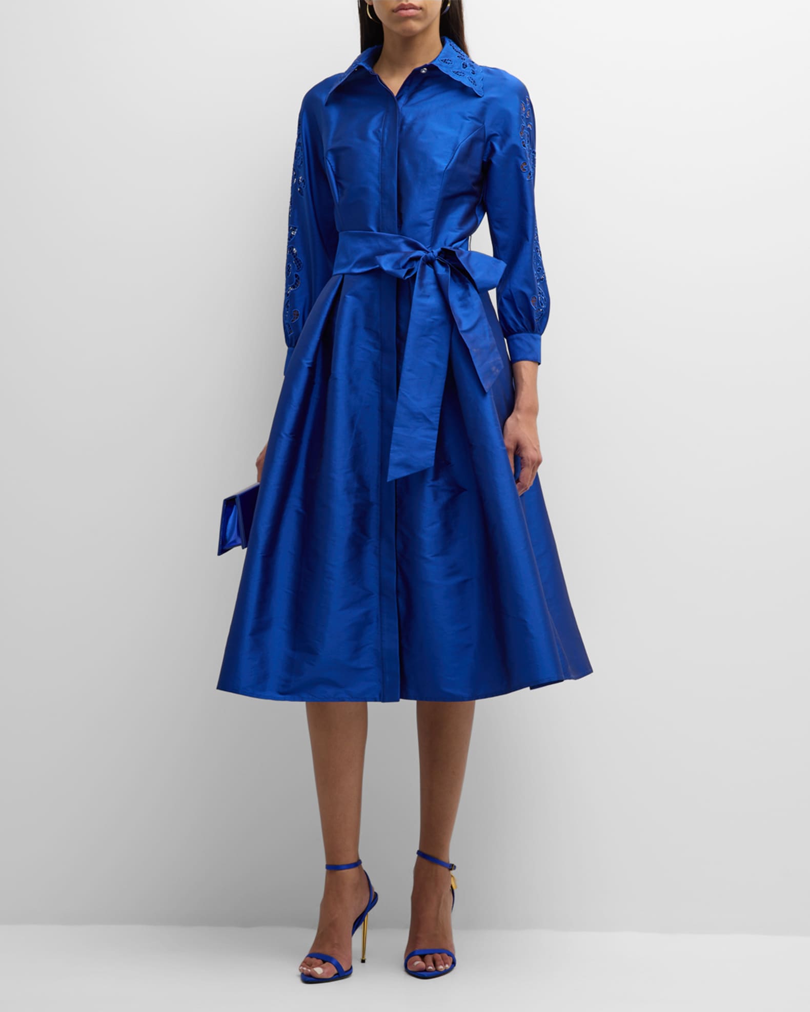 Rickie Freeman for Teri Jon Lace-Inset Belted Taffeta Midi Shirtdress ...