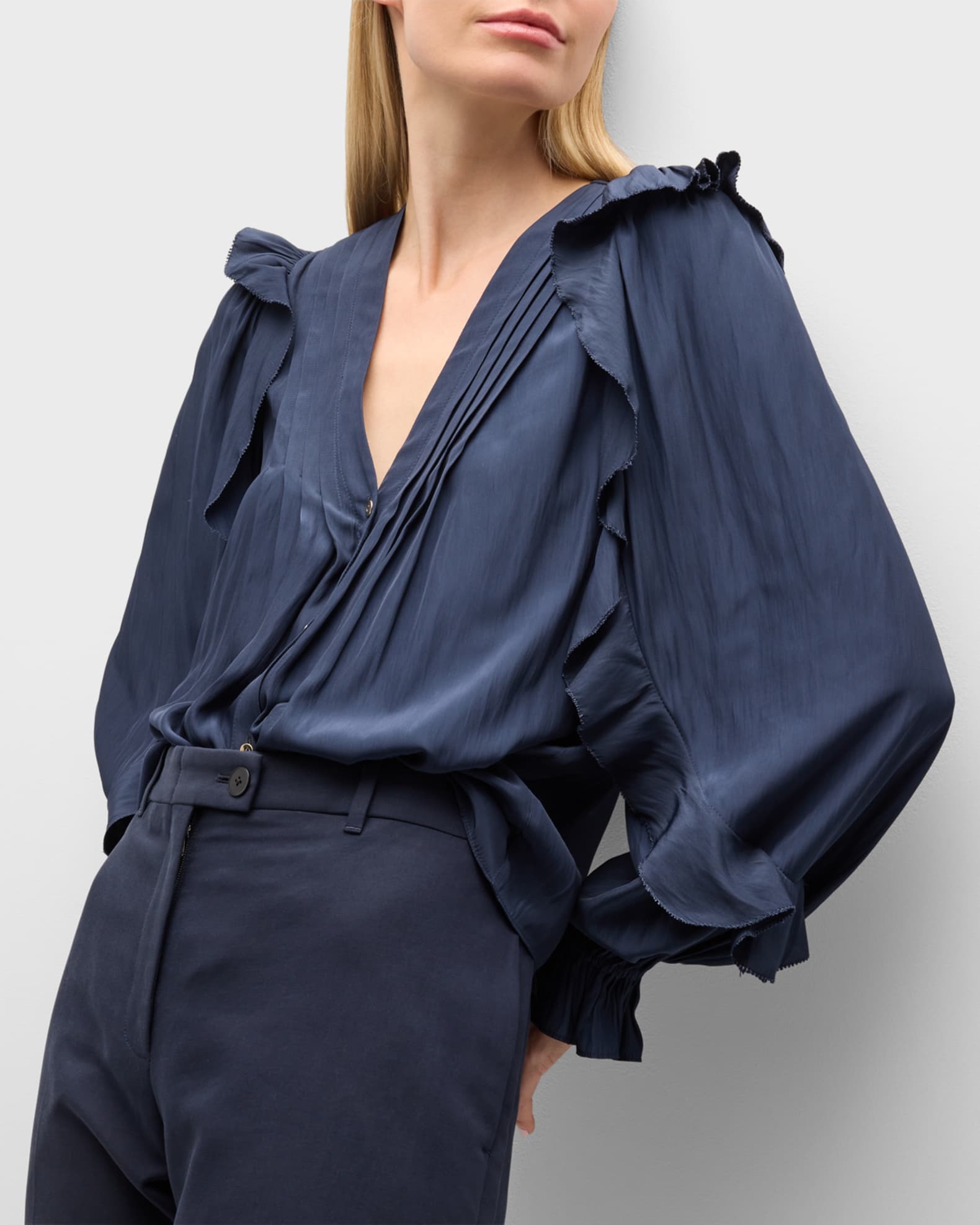 Ramy Brook Estelle Button-Front Ruffle Blouse | Neiman Marcus