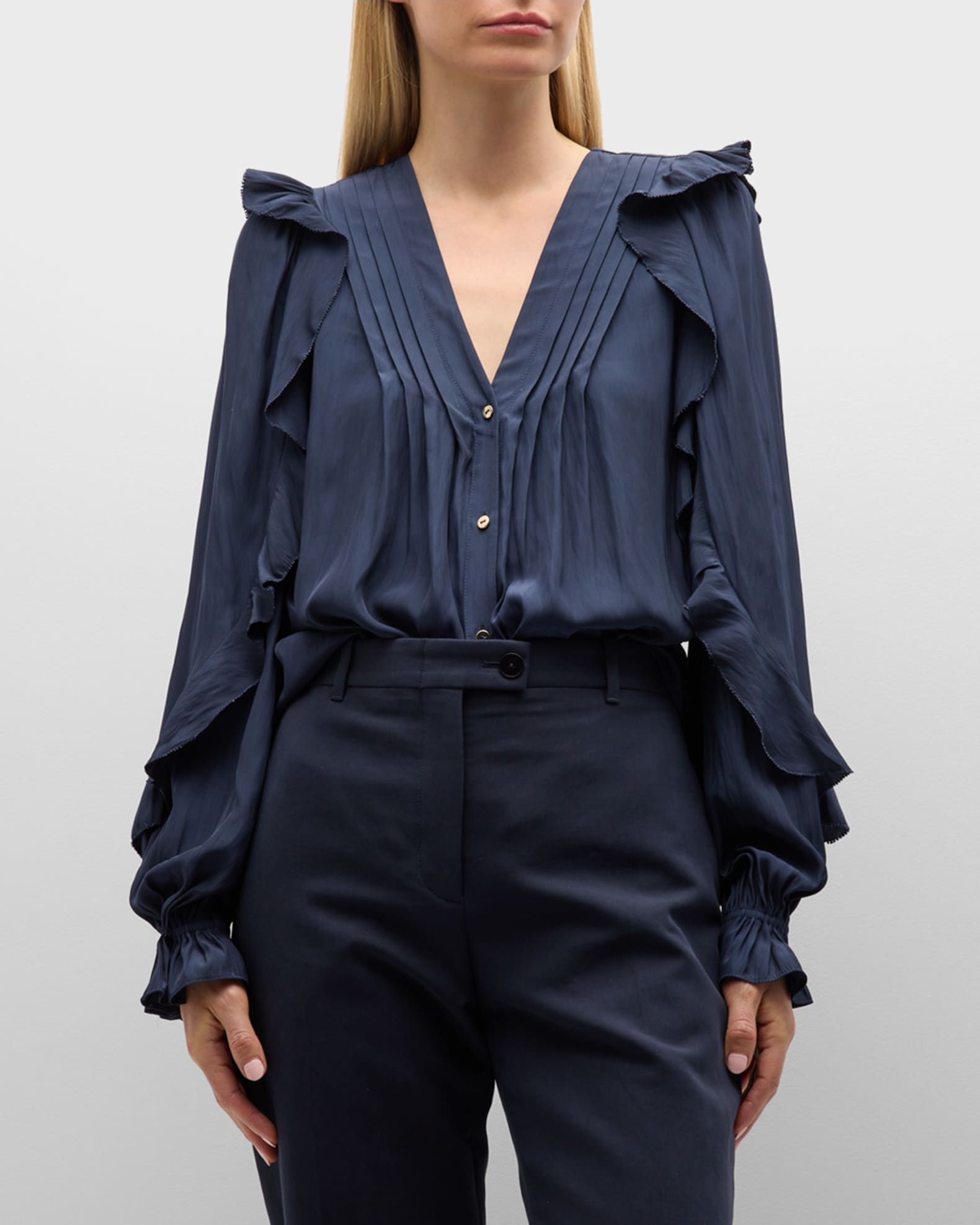 Ramy Brook Estelle Button-Front Ruffle Blouse | Neiman Marcus