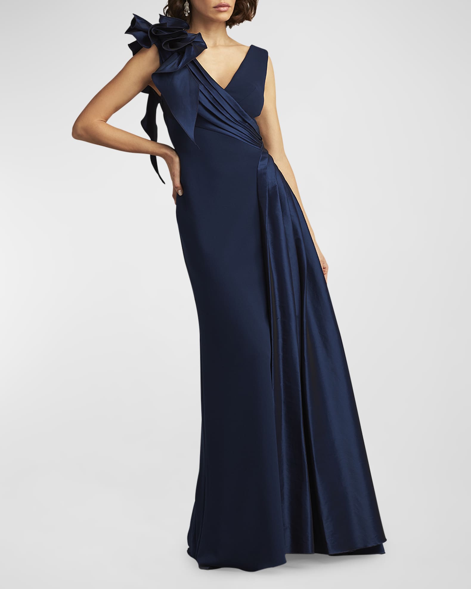Tadashi Shoji Sleeveless Draped Ruffle Crepe Gown | Neiman Marcus