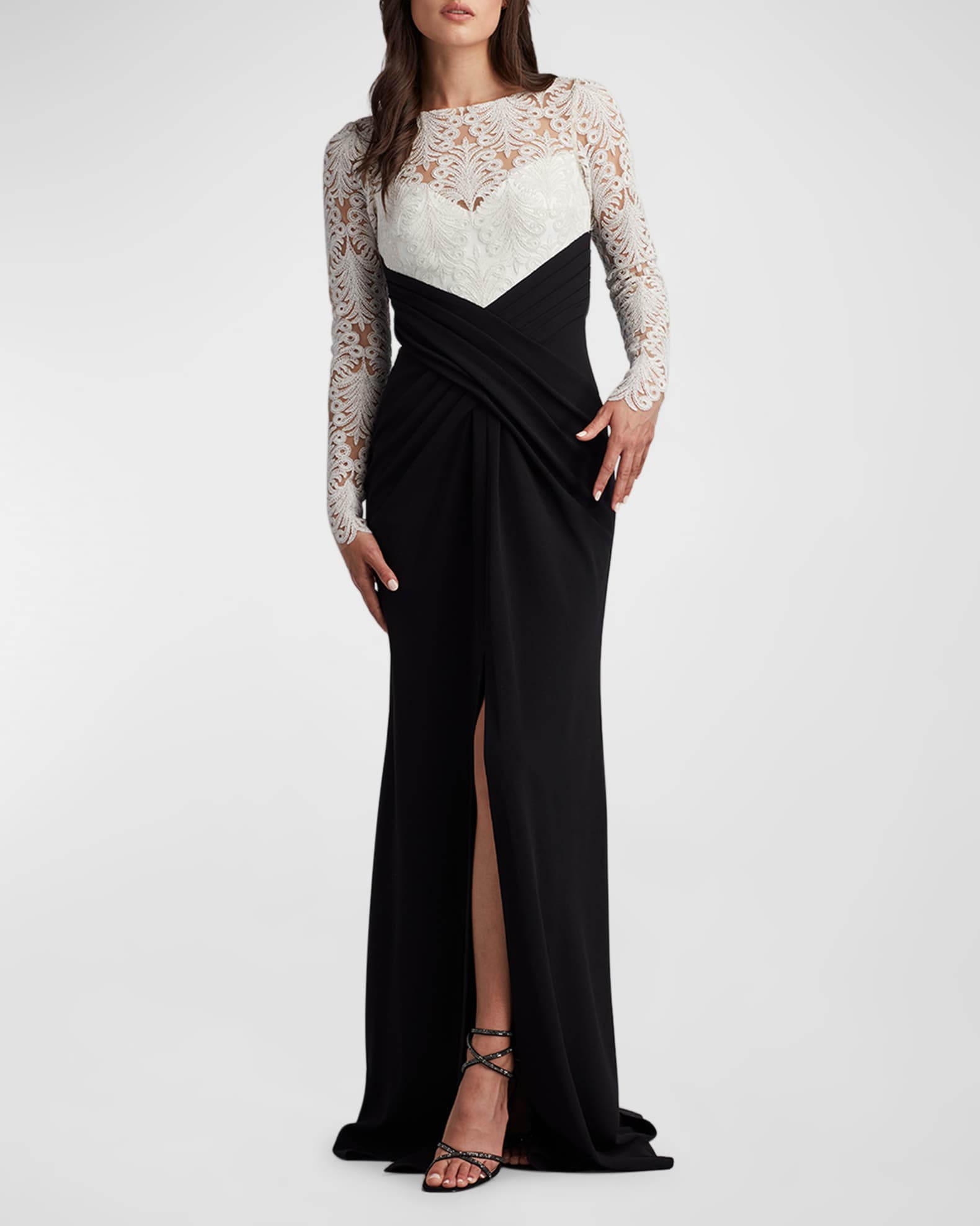 Tadashi Shoji Pleated Two-Tone Crepe & Lace Column Gown | Neiman Marcus