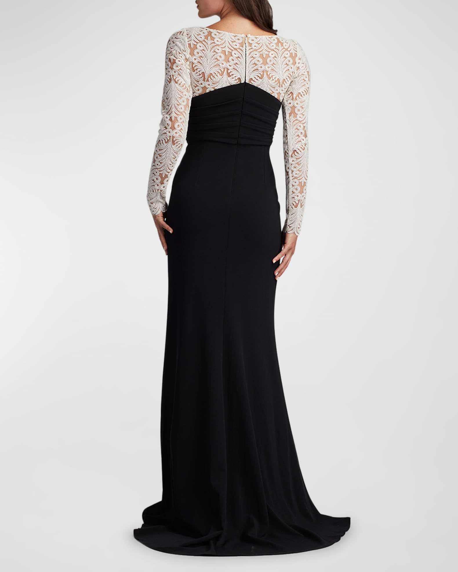 Tadashi Shoji Pleated Two-Tone Crepe & Lace Column Gown | Neiman Marcus