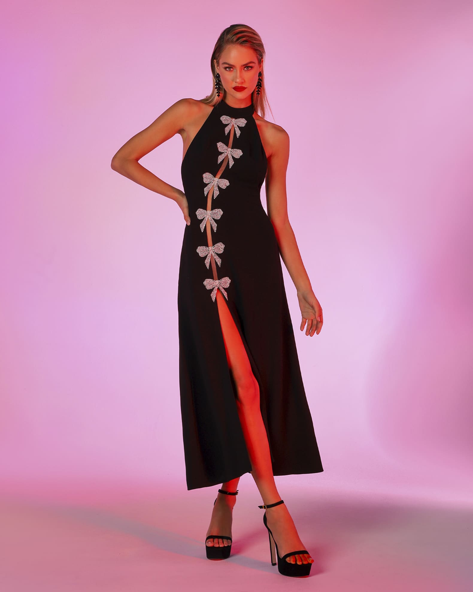 HELSI Katie Bow-Embellished A-Line Halter Midi Dress | Neiman Marcus