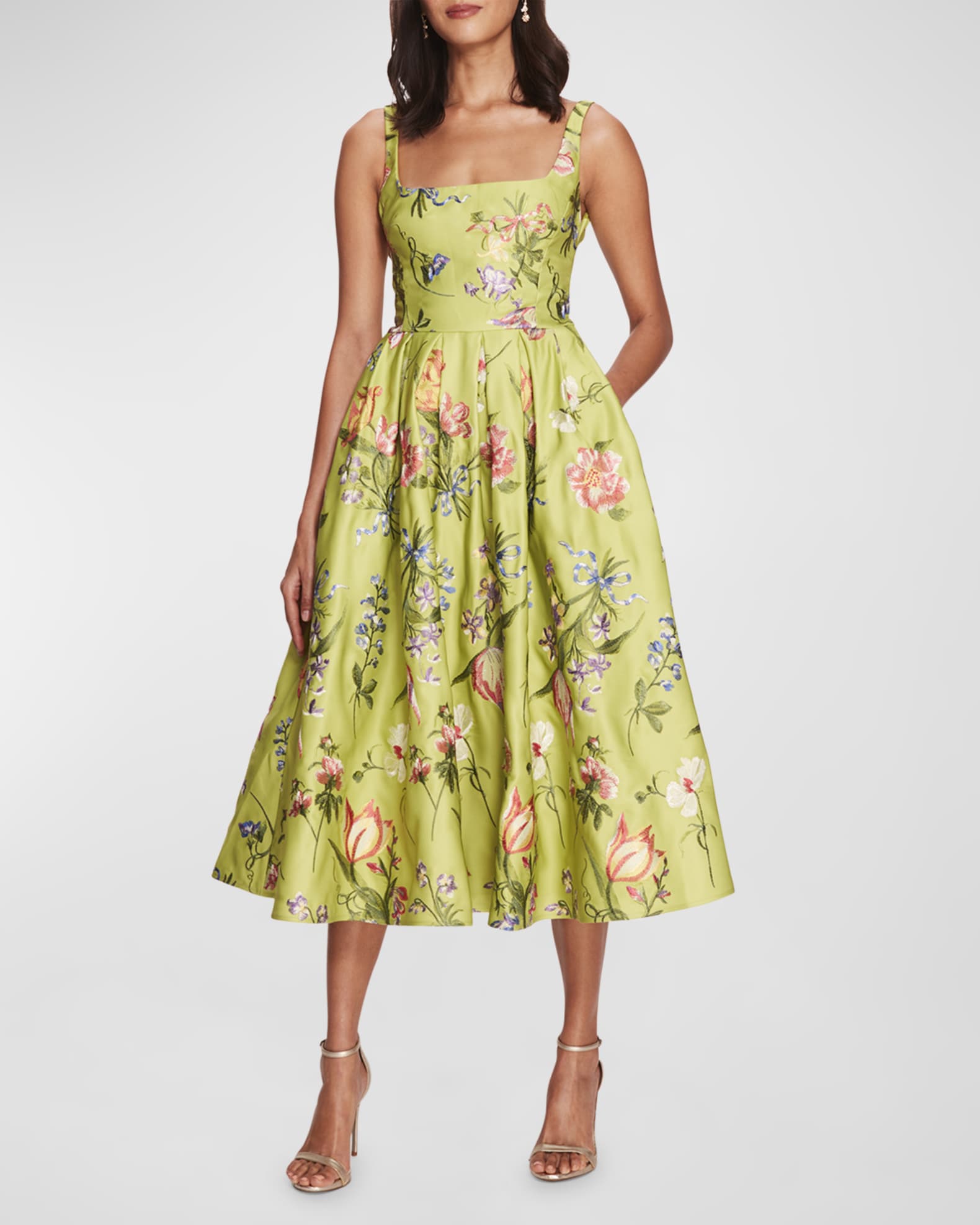 Marchesa Notte Floral Square-Neck A-Line Midi Dress | Neiman Marcus