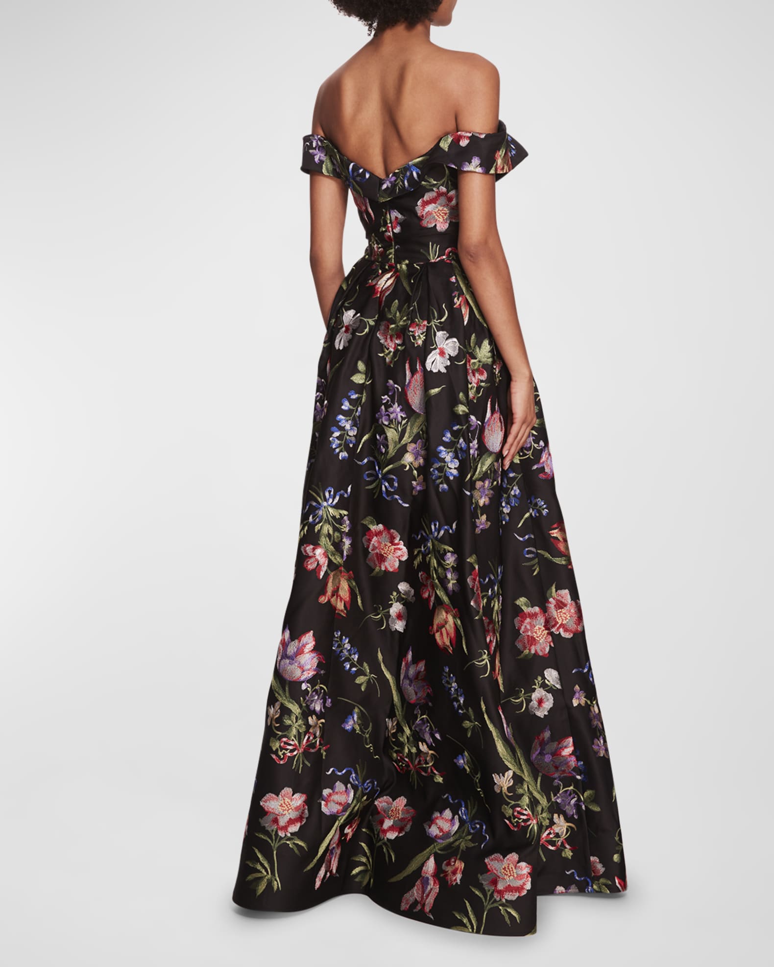 Marchesa Notte Pleated Off-Shoulder Floral-Embroidered Gown | Neiman Marcus