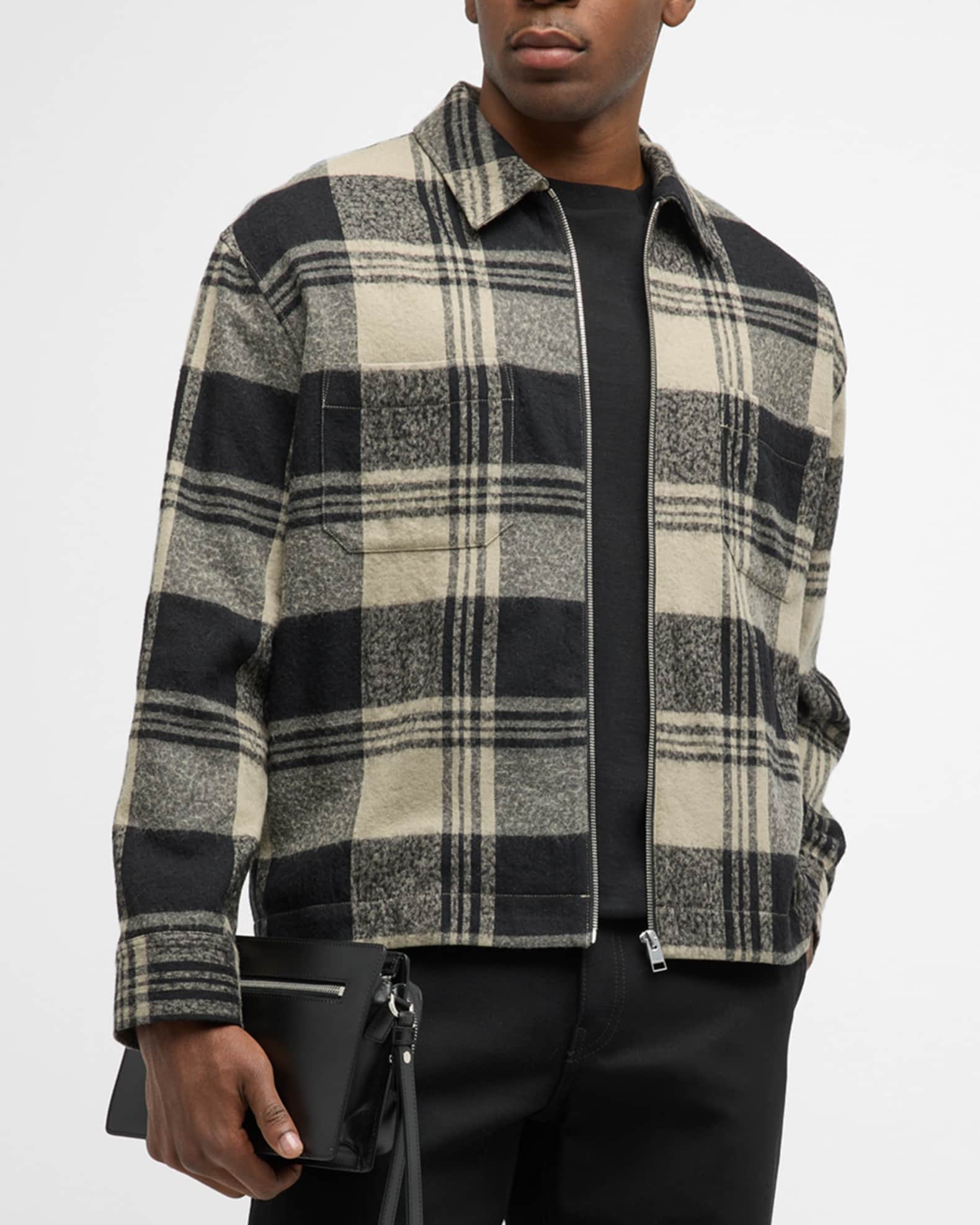 FRAME Men's Plaid Zip Overshirt | Neiman Marcus
