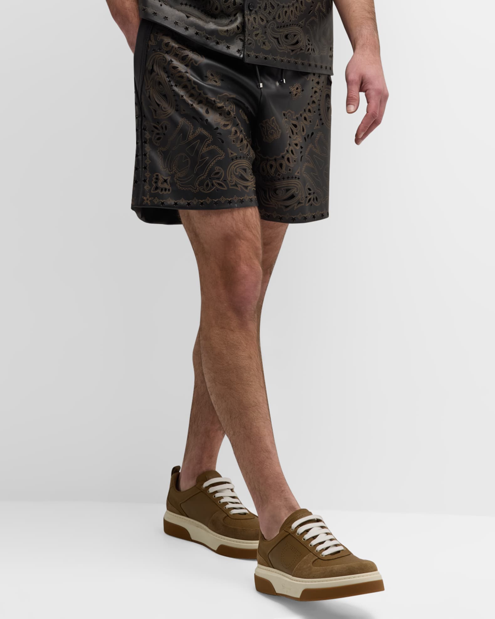 Men's Leather Laser-Cut Bandana Shorts | Neiman Marcus