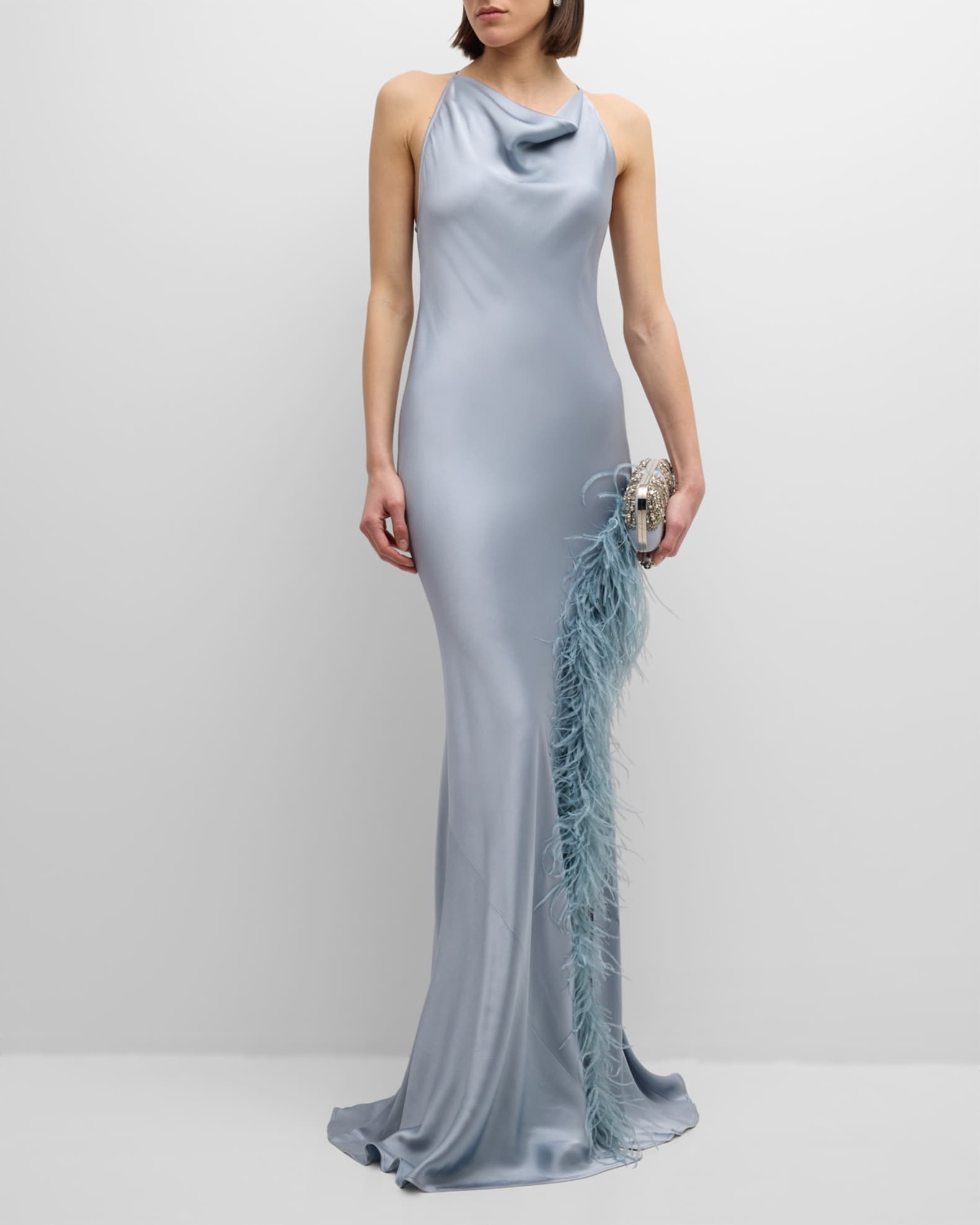 LAPOINTE Halter Cowl-Neck Feather-Trim Slit-Hem Doubleface Satin Gown ...