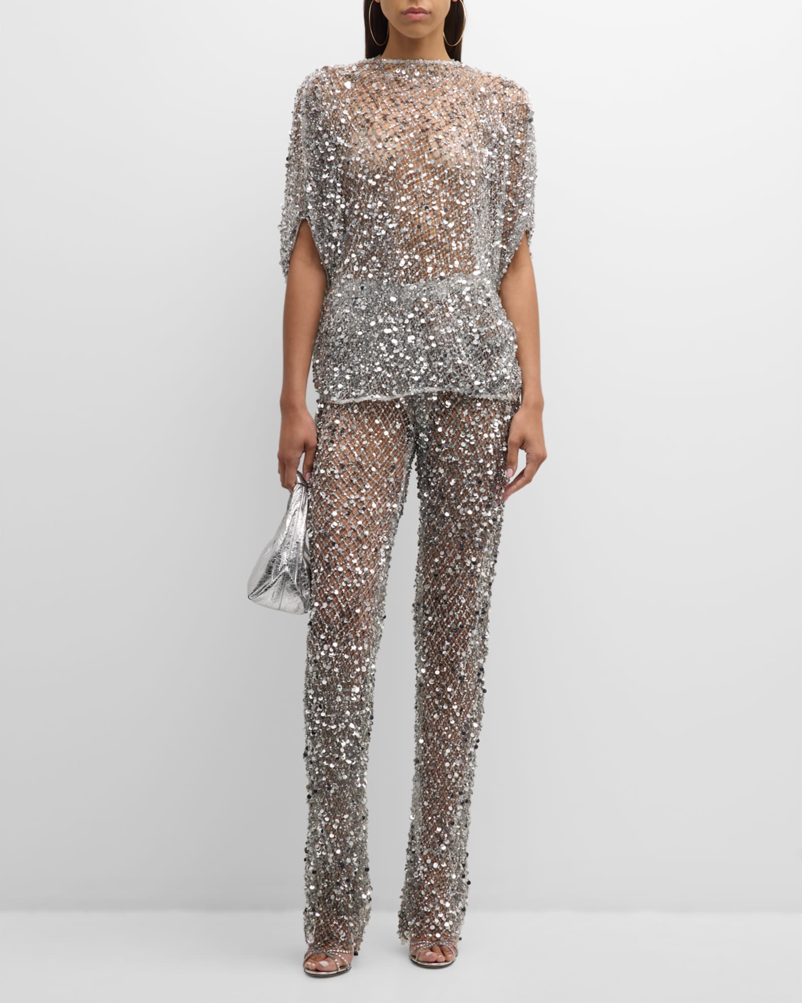 LAPOINTE Sequined Net Mesh Straight-Leg Pants | Neiman Marcus