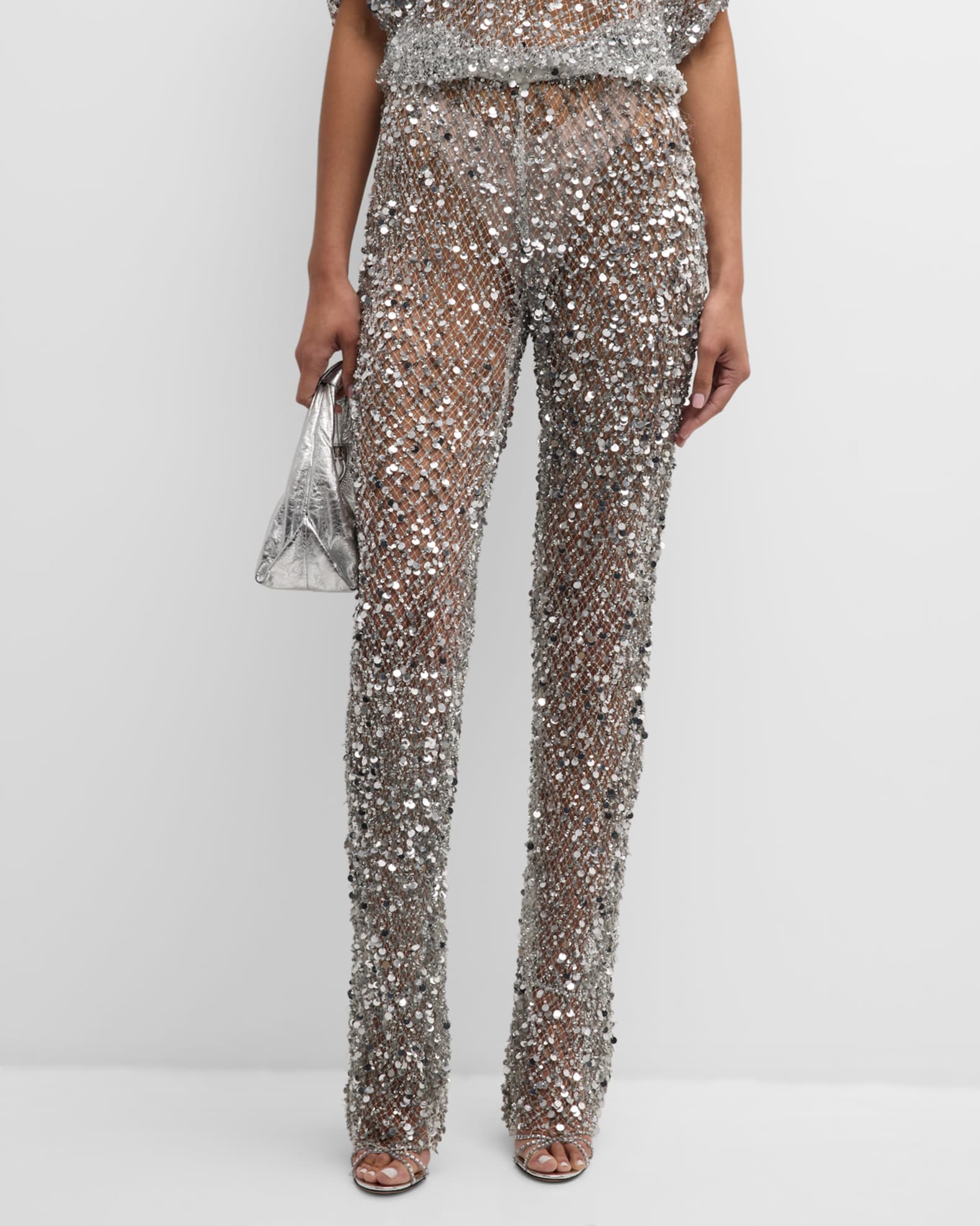 LAPOINTE Sequined Net Mesh Straight-Leg Pants | Neiman Marcus
