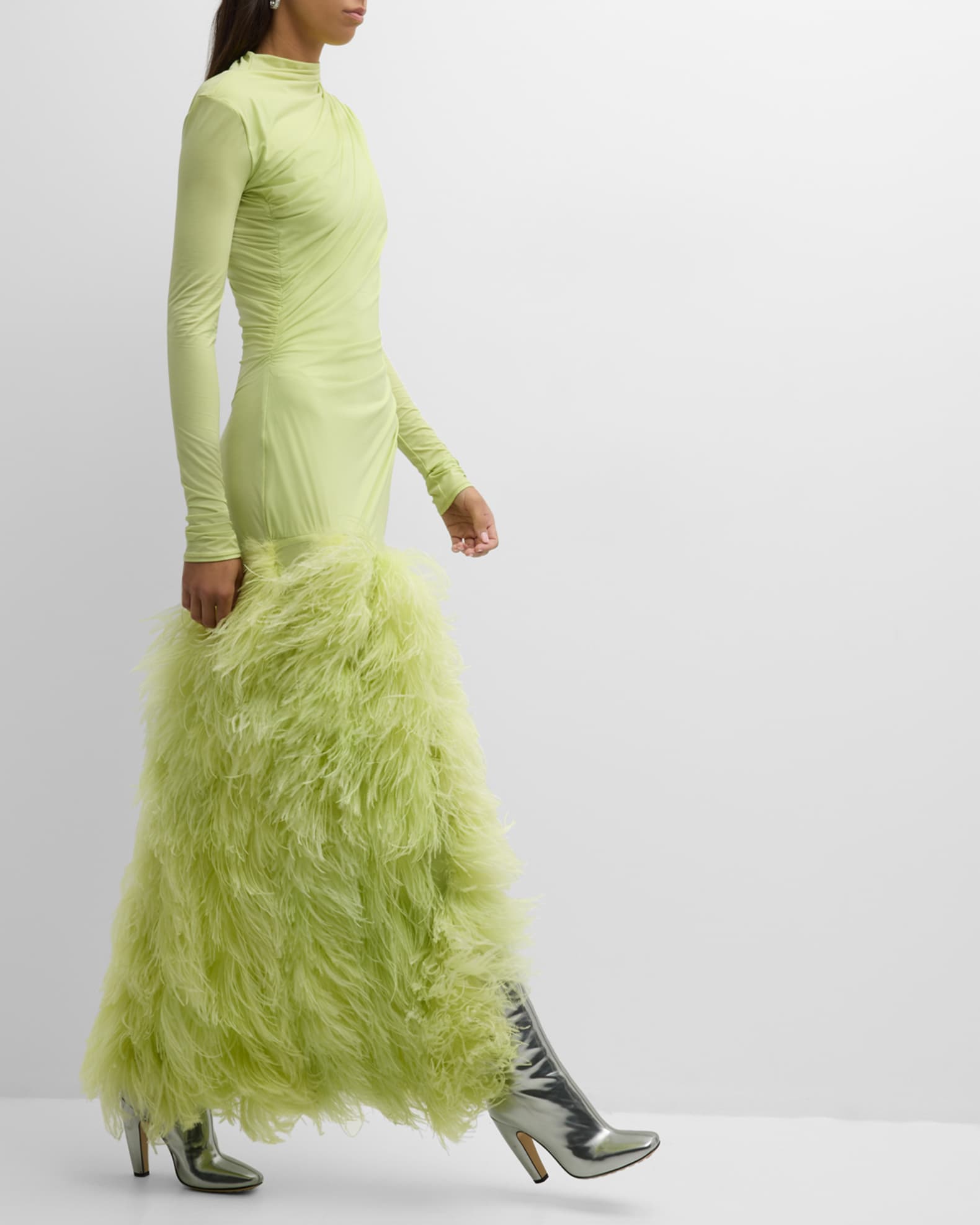 LAPOINTE Feather Draped Lightweight Matte Jersey Maxi Dress | Neiman Marcus