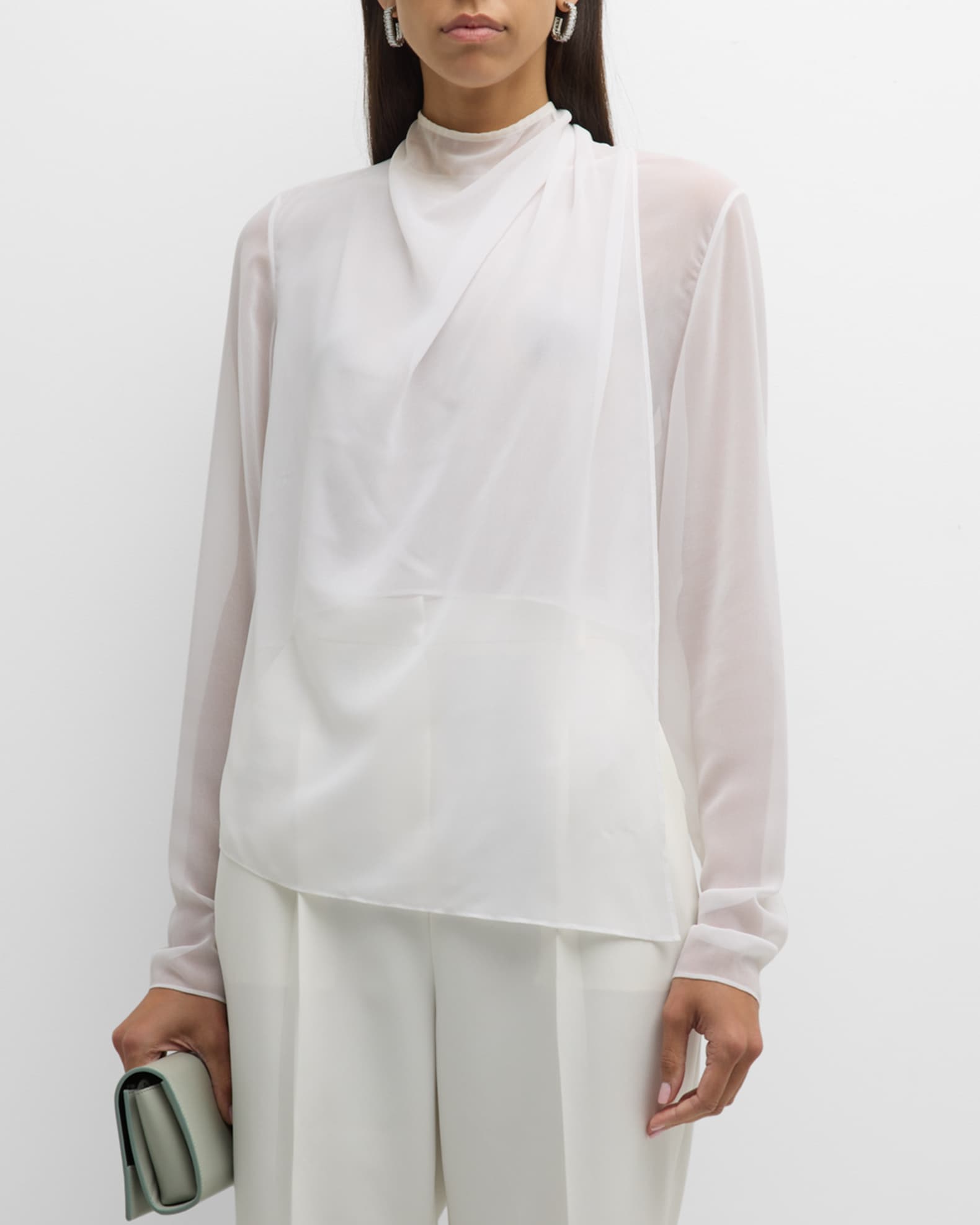 LAPOINTE Lightweight Georgette Overlap Drape Long-Sleeve Blouse | Neiman Marcus