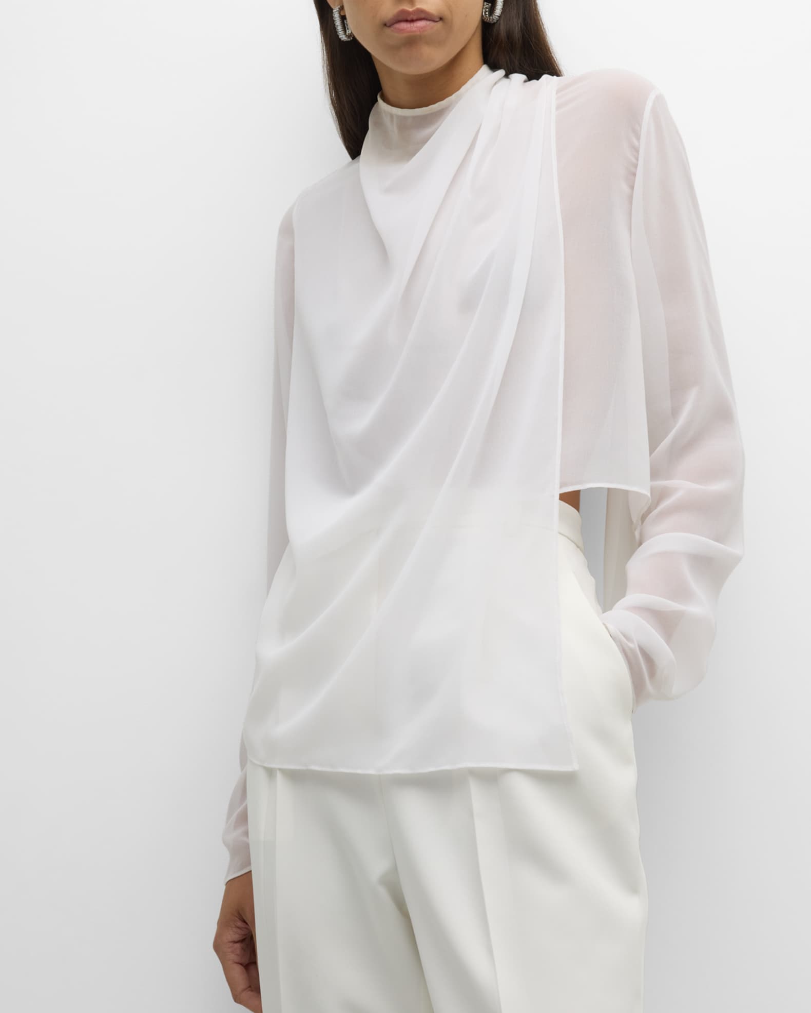 LAPOINTE Lightweight Georgette Overlap Drape Long-Sleeve Blouse | Neiman Marcus