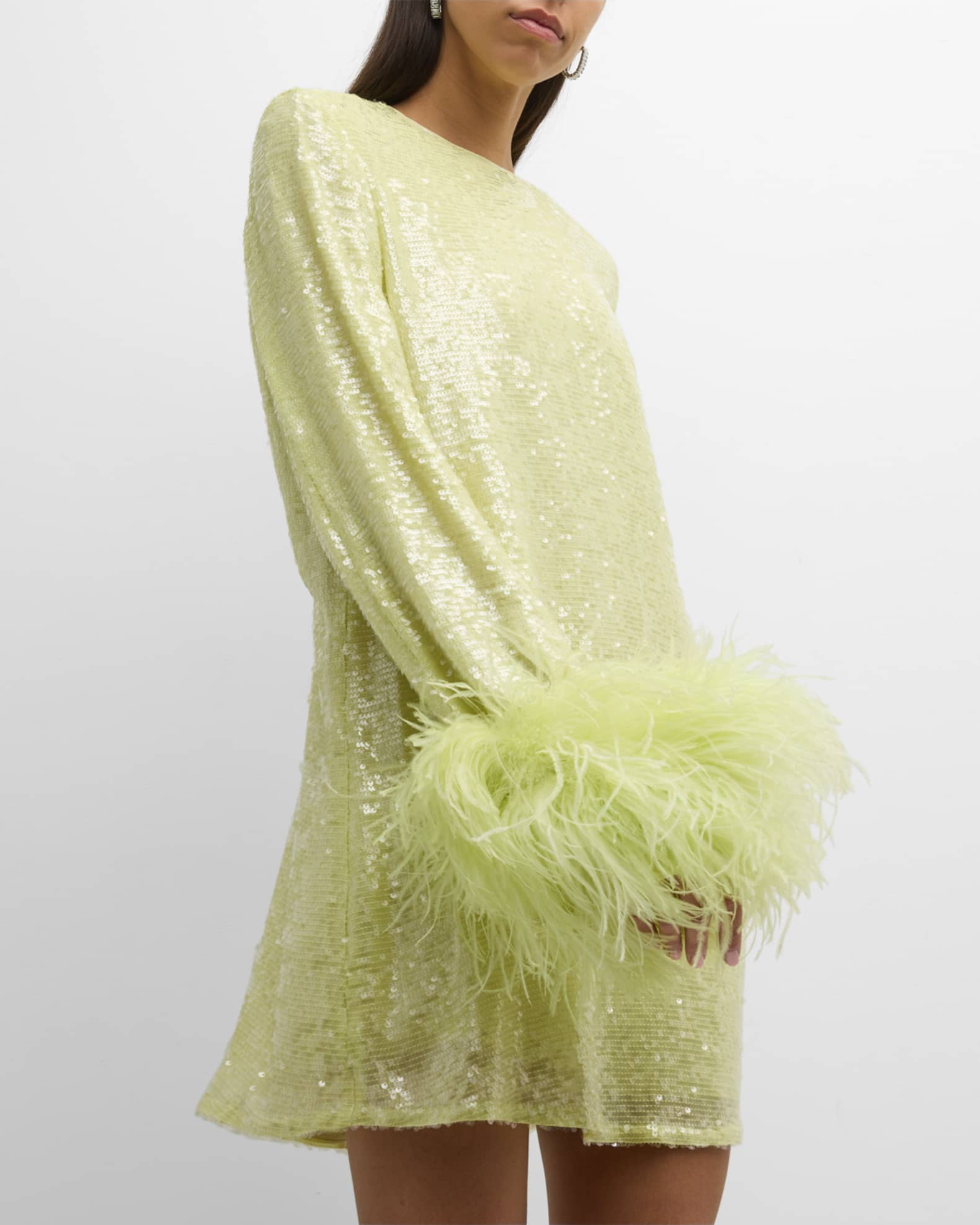 LAPOINTE Feather-Cuffs Long-Sleeve Sequin Viscose Mini Shift Dress ...