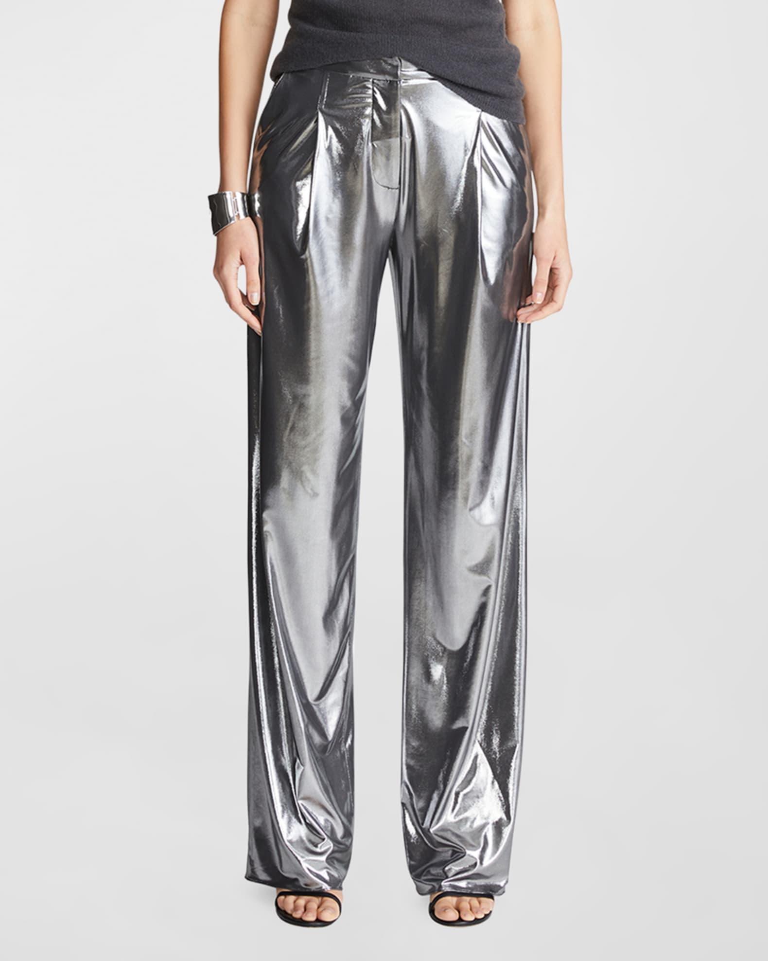Halston Jess High-Rise Straight-Leg Foil Jersey Pants | Neiman Marcus