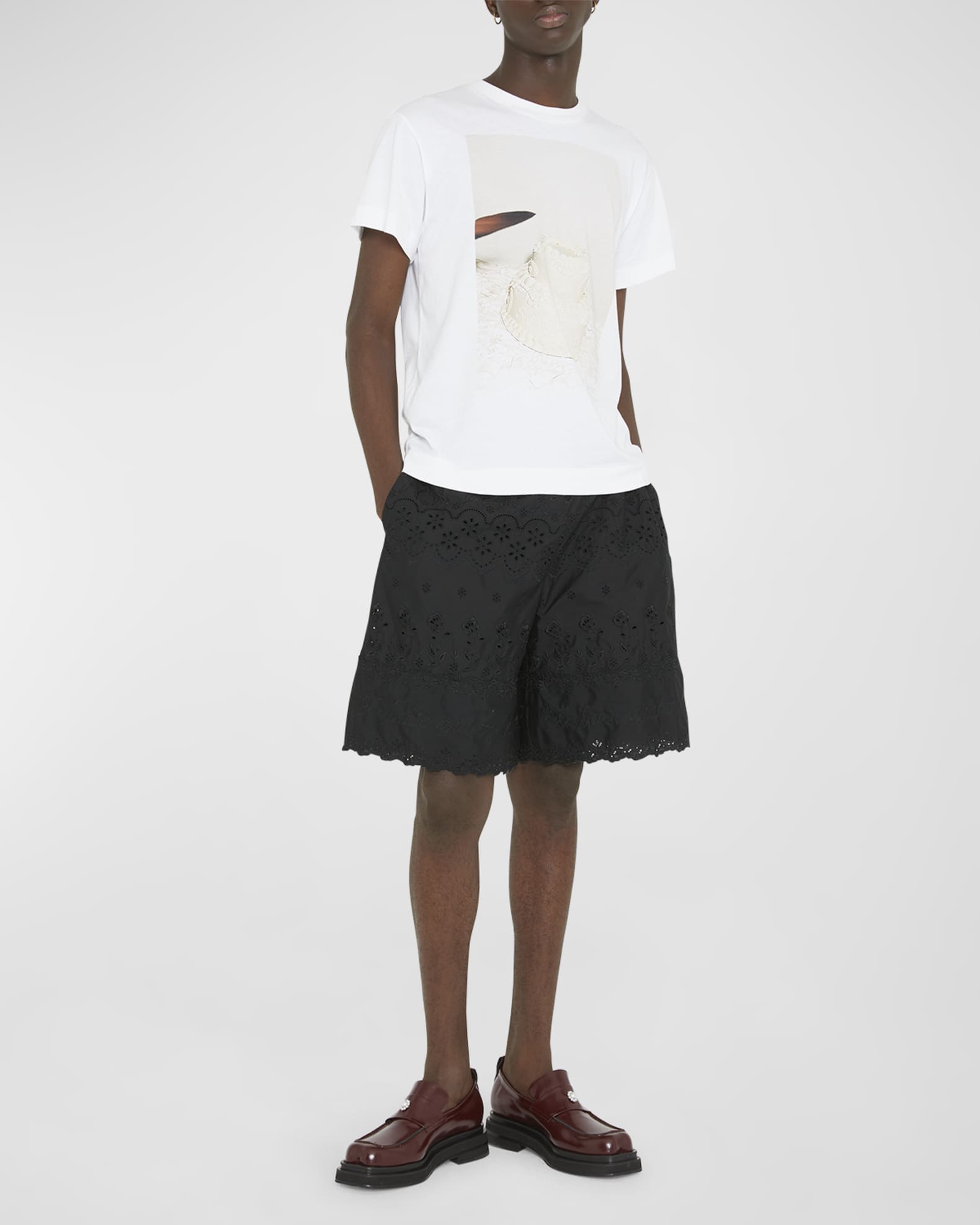 Simone Rocha Men's Broderie Anglaise Easy Drawstring Shorts | Neiman Marcus