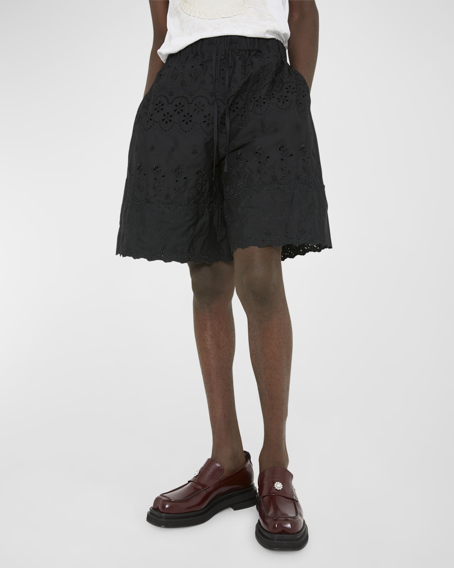 Simone Rocha Men's Broderie Anglaise Easy Drawstring Shorts | Neiman Marcus