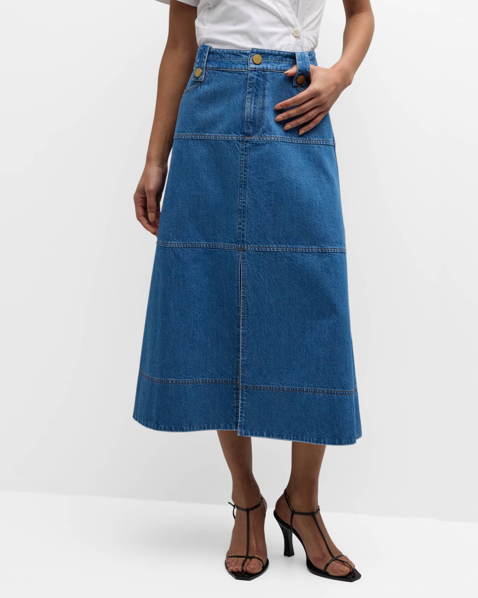 Tanya Taylor Hudie A-Line Denim Midi Skirt | Neiman Marcus