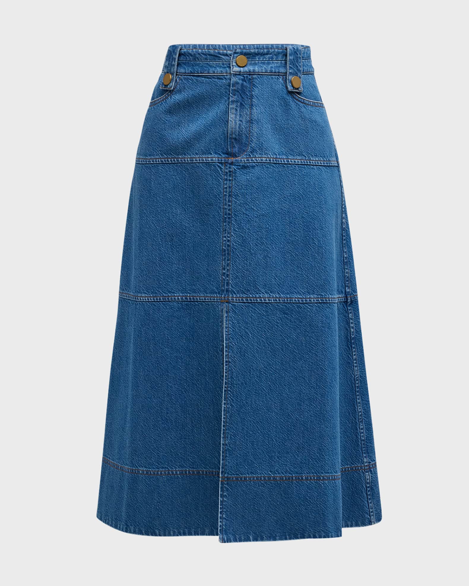 Tanya Taylor Hudie A-Line Denim Midi Skirt | Neiman Marcus
