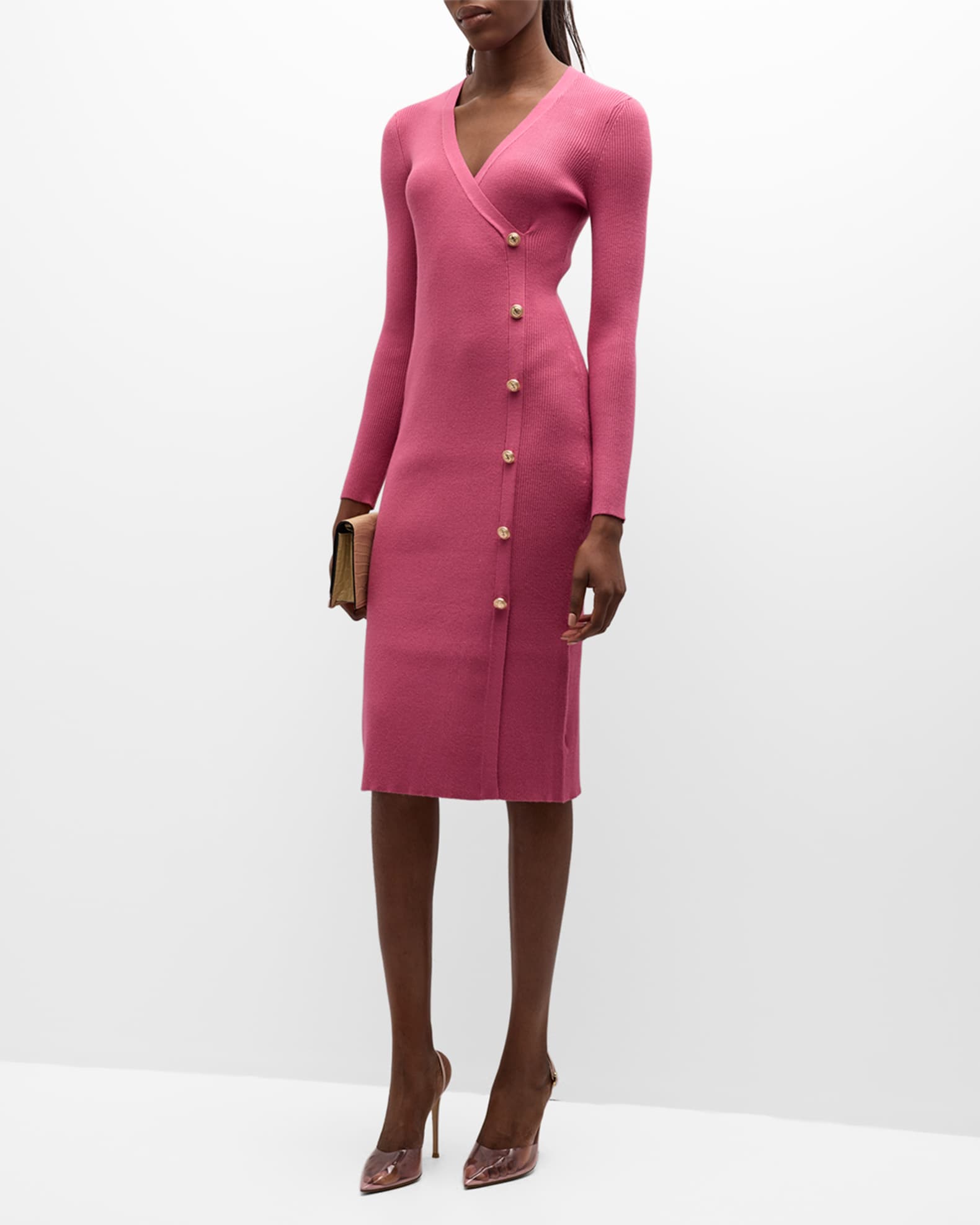 Elie Tahari The Casey Button-Down Ribbed Bodycon Midi Dress | Neiman Marcus