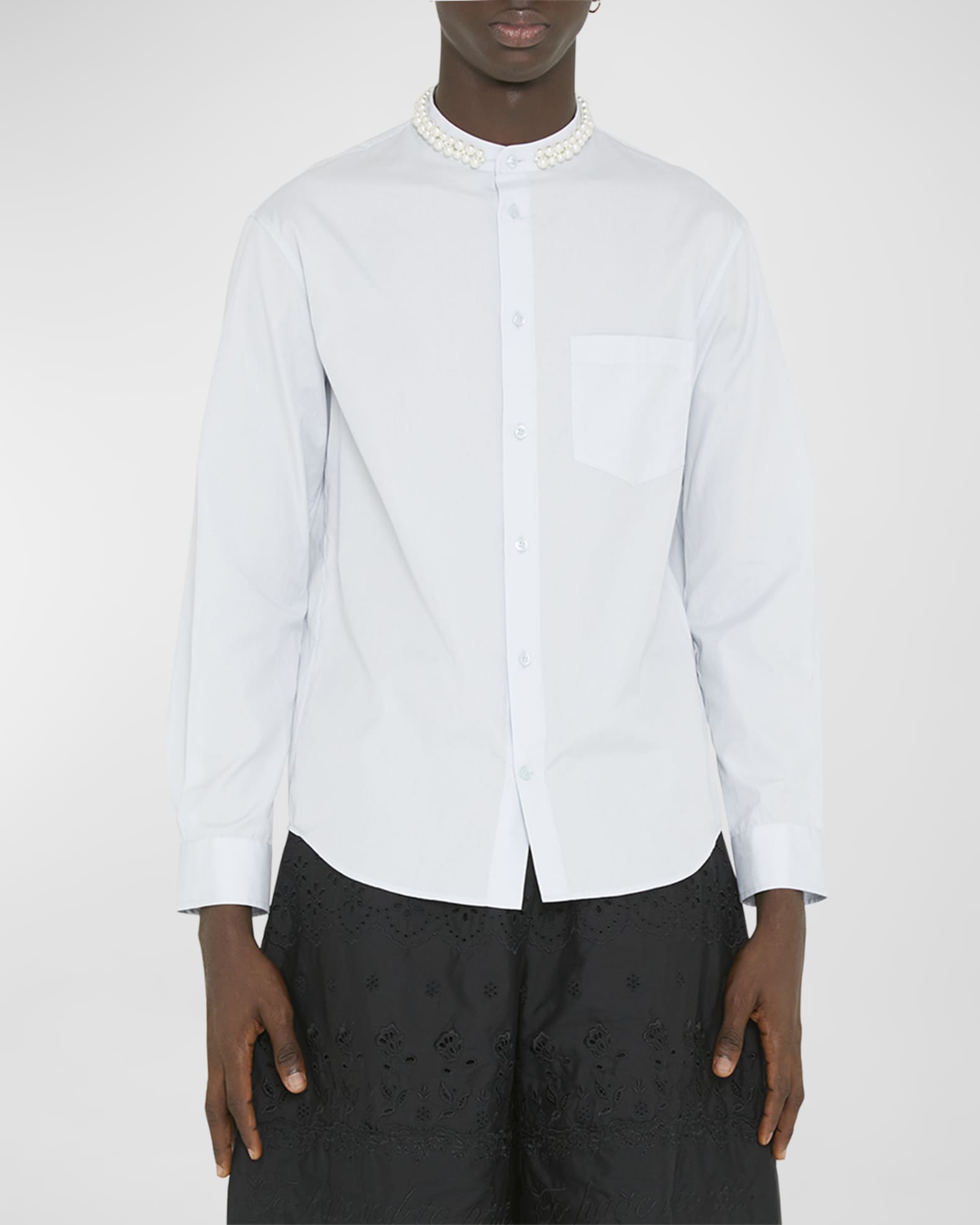 Simone Rocha Men's Beaded Band-Collar Grandad Shirt | Neiman Marcus