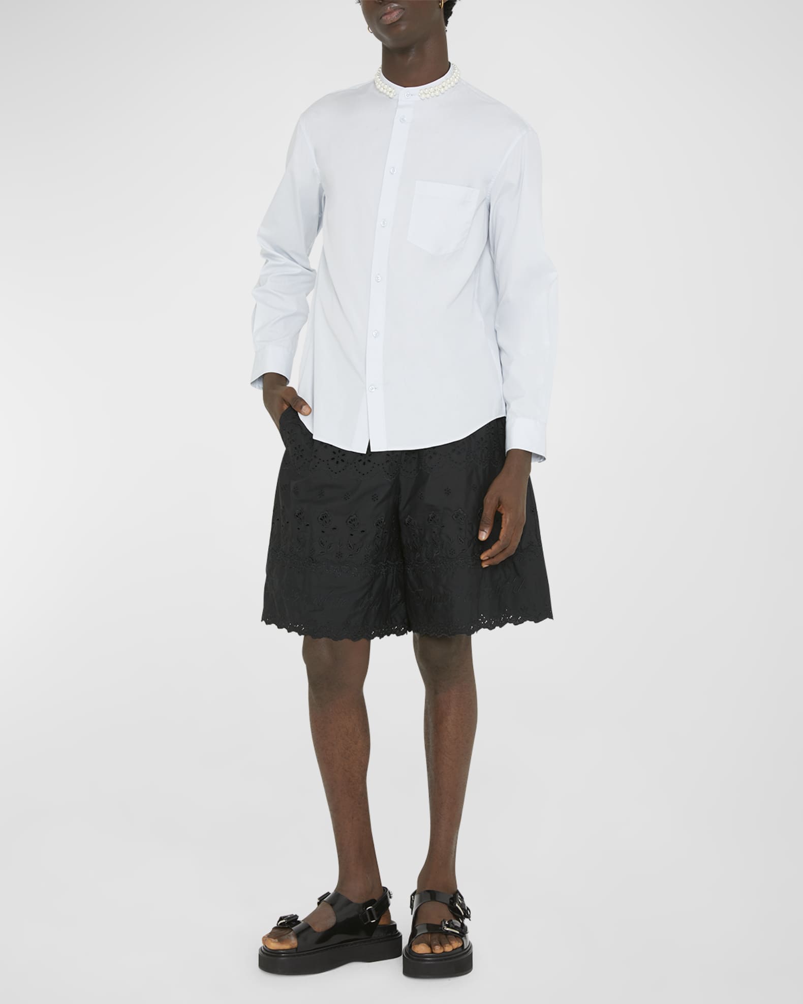 Simone Rocha Men's Beaded Band-Collar Grandad Shirt | Neiman Marcus