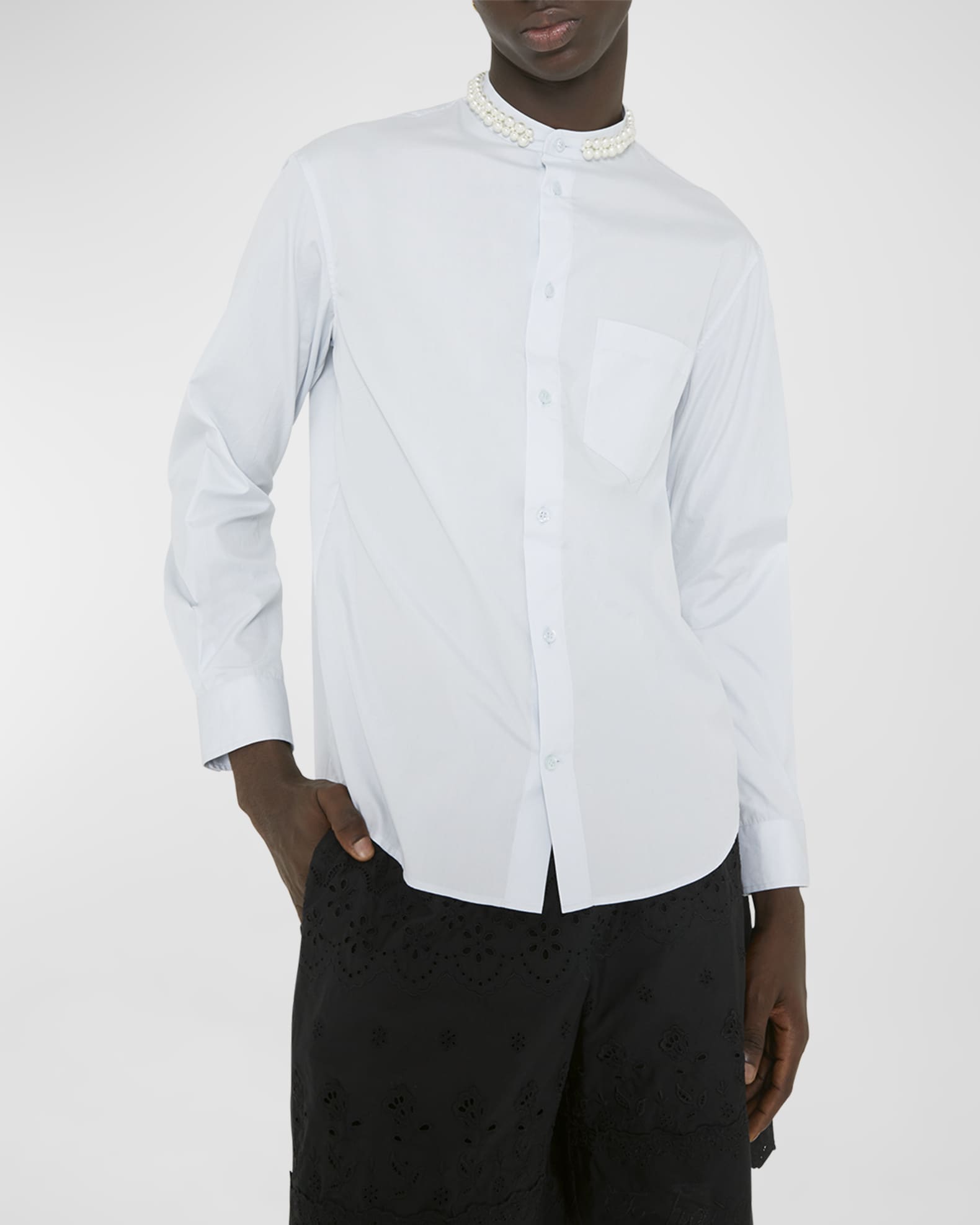 Simone Rocha Men's Beaded Band-Collar Grandad Shirt | Neiman Marcus