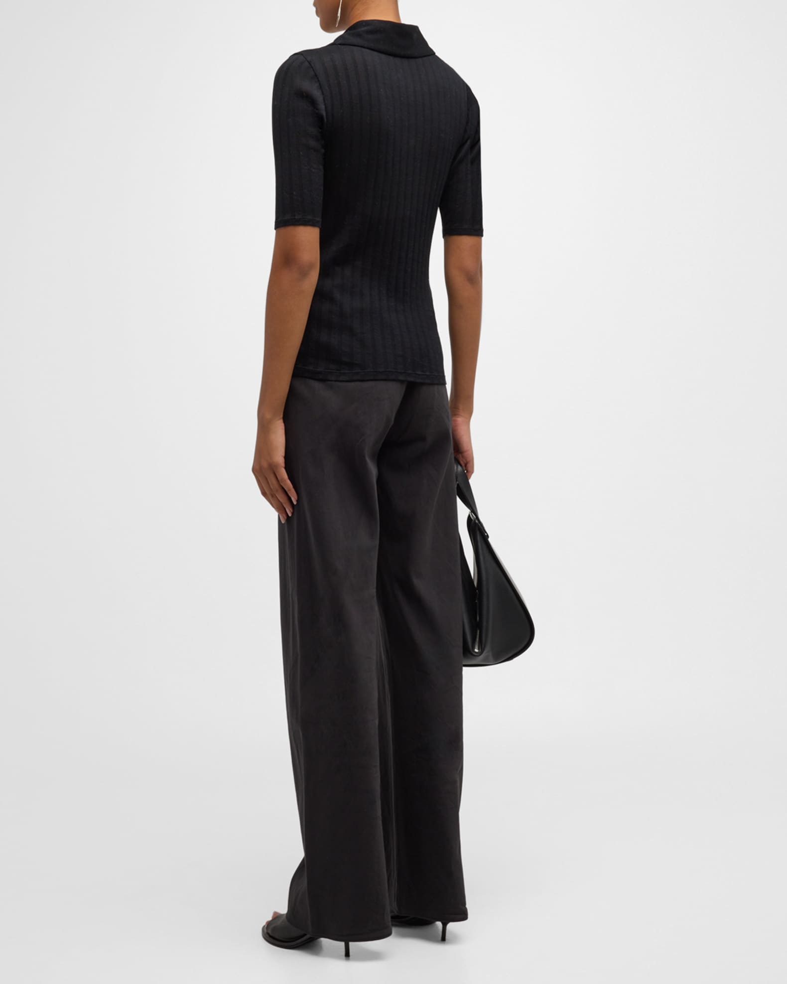 Vince Elbow-Sleeve Silk Rib Polo Shirt | Neiman Marcus