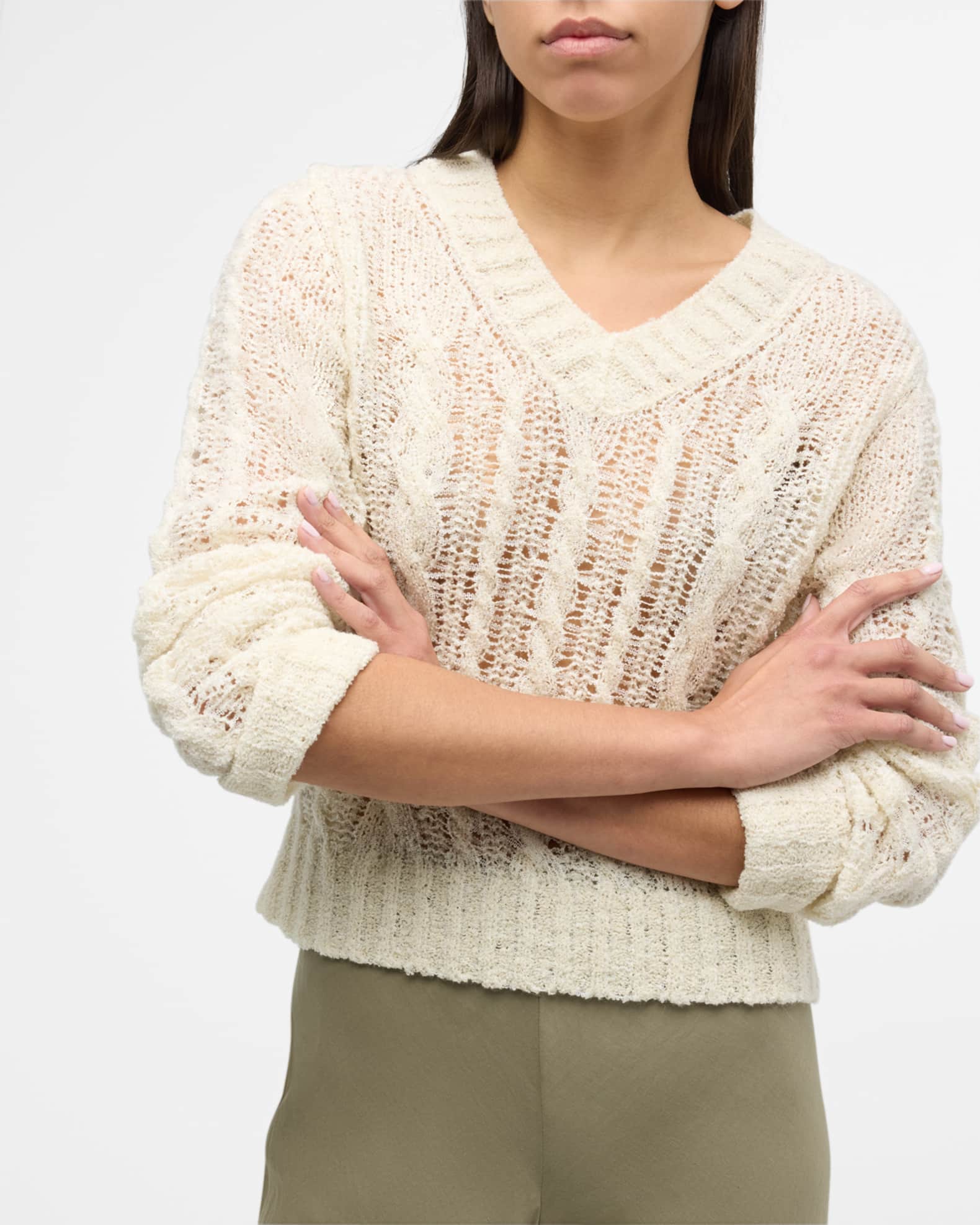 Vince Textured Wool-Blend Cable-Knit V-Neck Sweater | Neiman Marcus