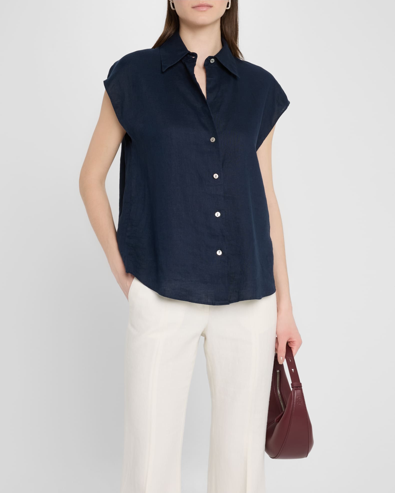 Vince Cap-Sleeve Linen Button-Front Blouse | Neiman Marcus