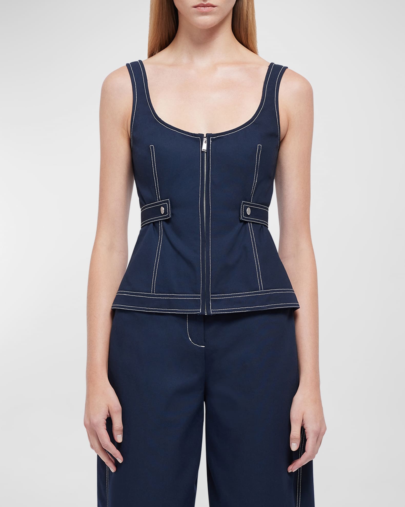 SIMKHAI Dolce Topstitched Sleeveless Zip-Up Top | Neiman Marcus